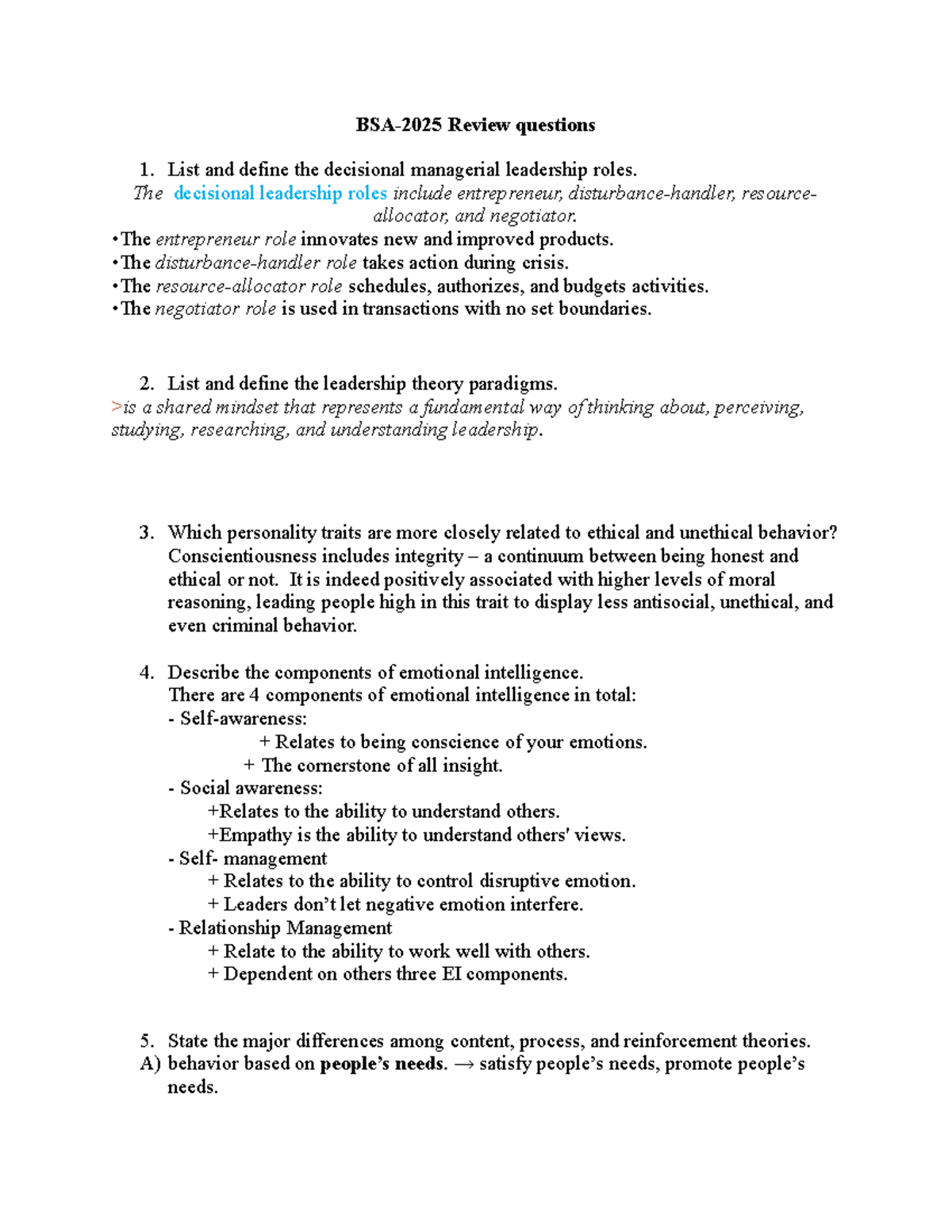 Short answered questions for review - BSA-2025 Review questions List ...