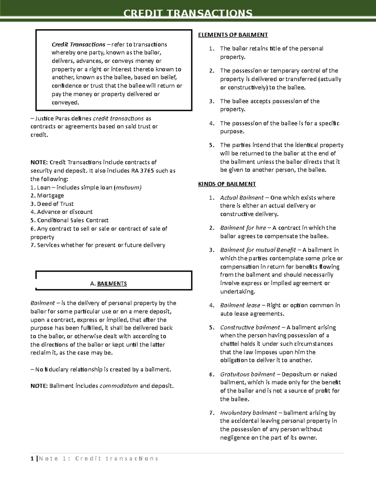 NOTE 1 - Credit Transactions Introduction - Justice Paras defines ...