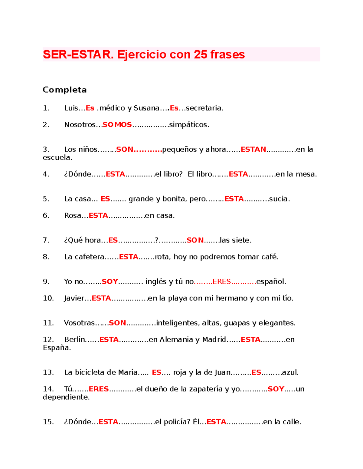 SER. y estardocx Practice paara hacer en casa - SER-ESTAR. Ejercicio ...
