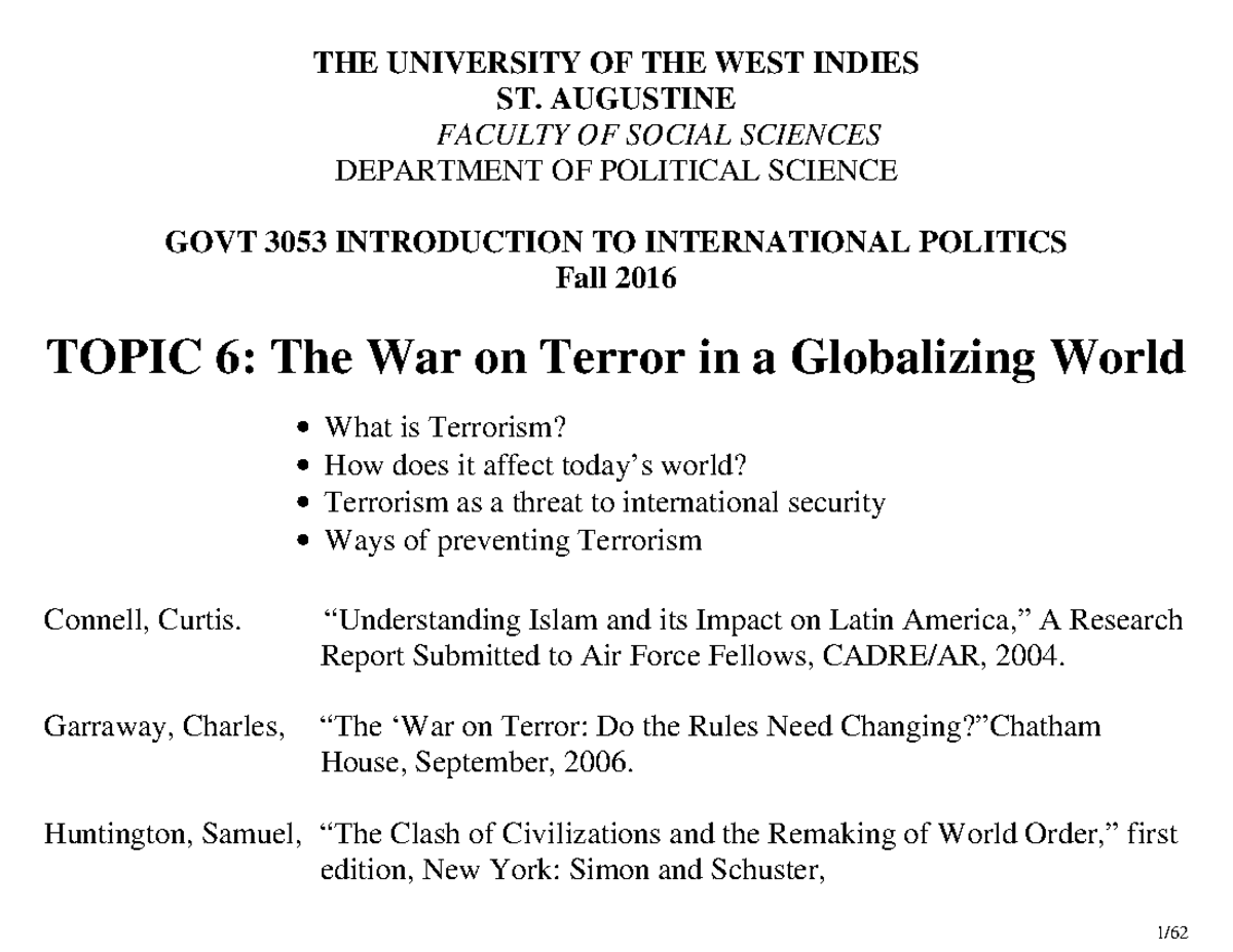 GOVT 3053 06 2016 The War on Terror Part 1 - THE UNIVERSITY OF THE WEST ...