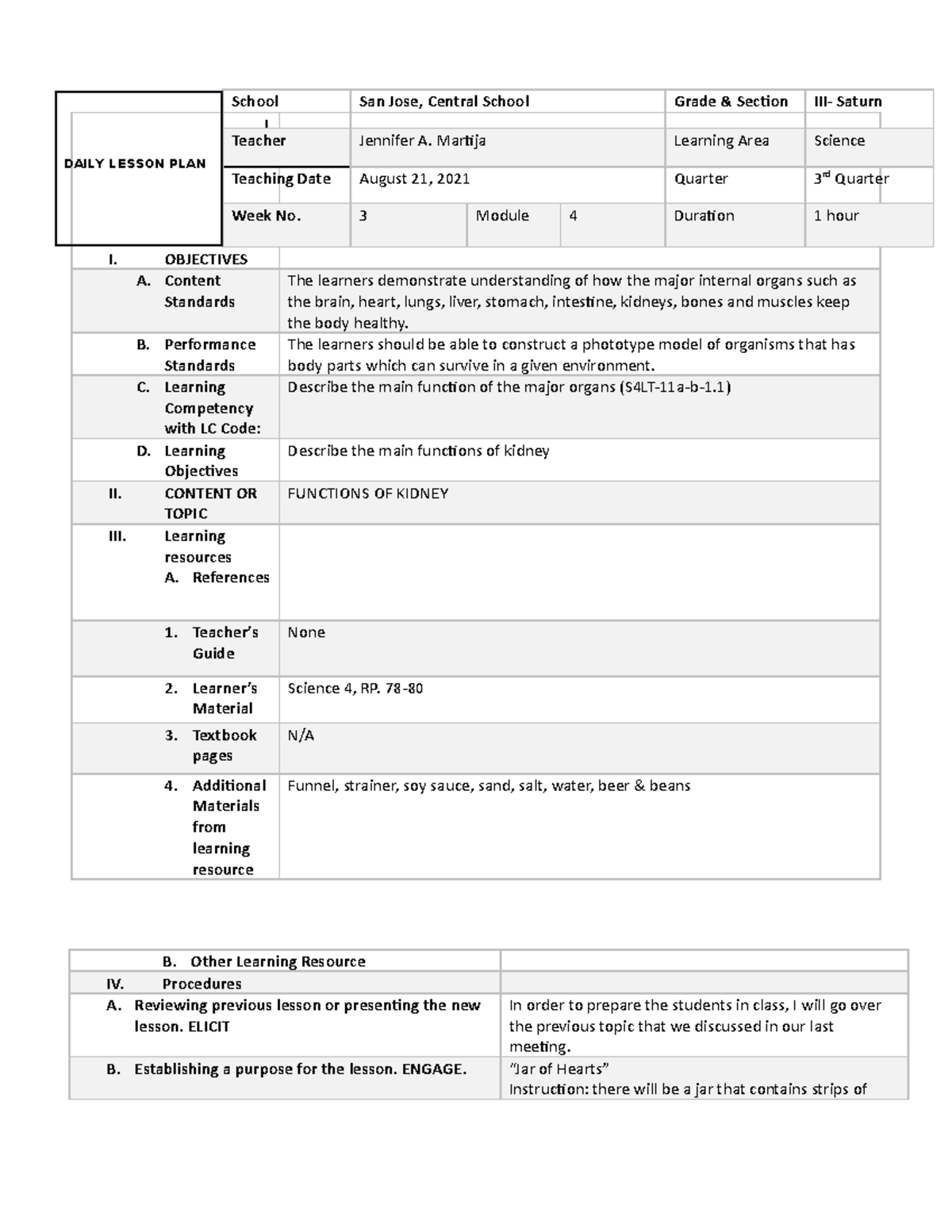 Lesson PLAN - I. I. OBJECTIVES A. Content Standards The learners ...