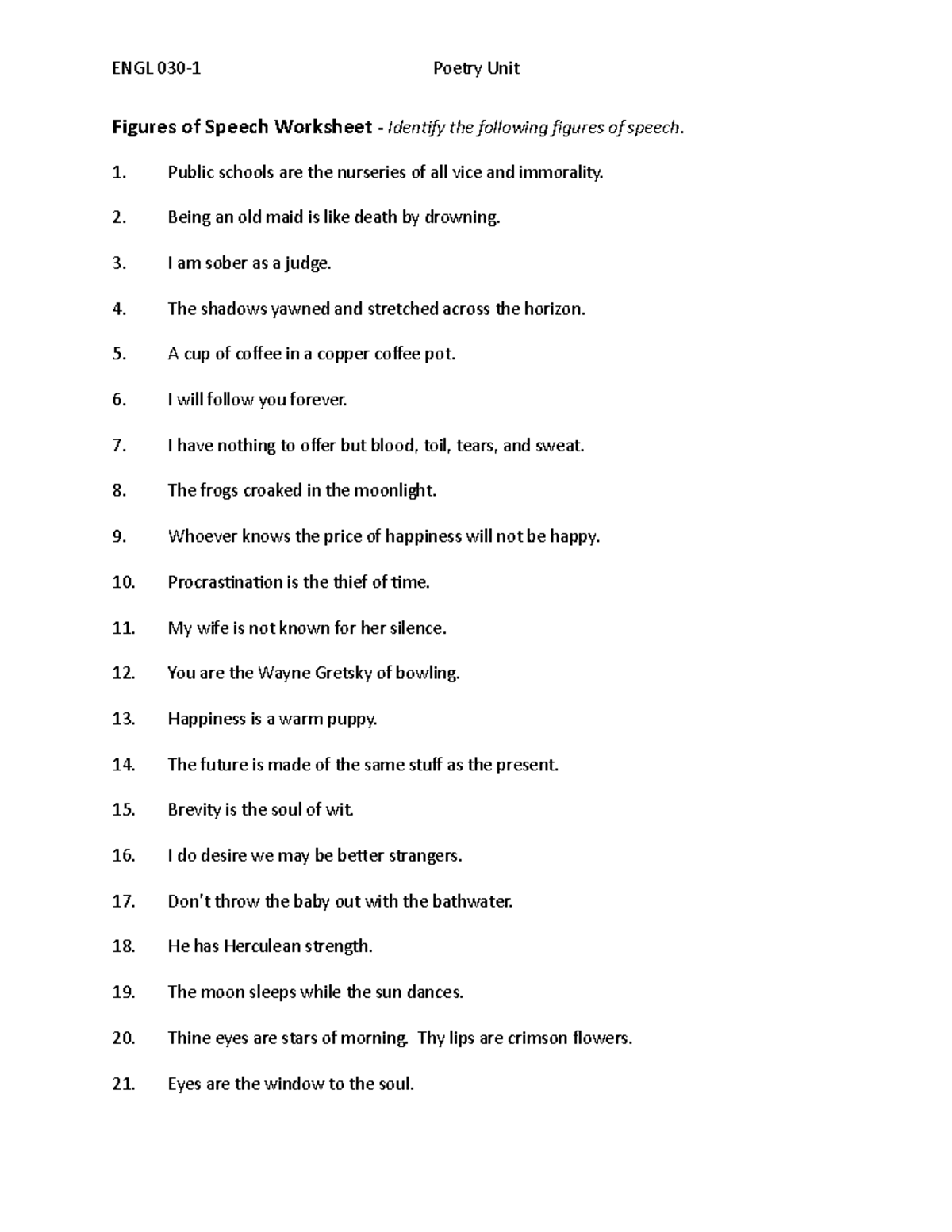 Activity - Figures of Speech Identification - ENGL 030-1 Poetry Unit ...