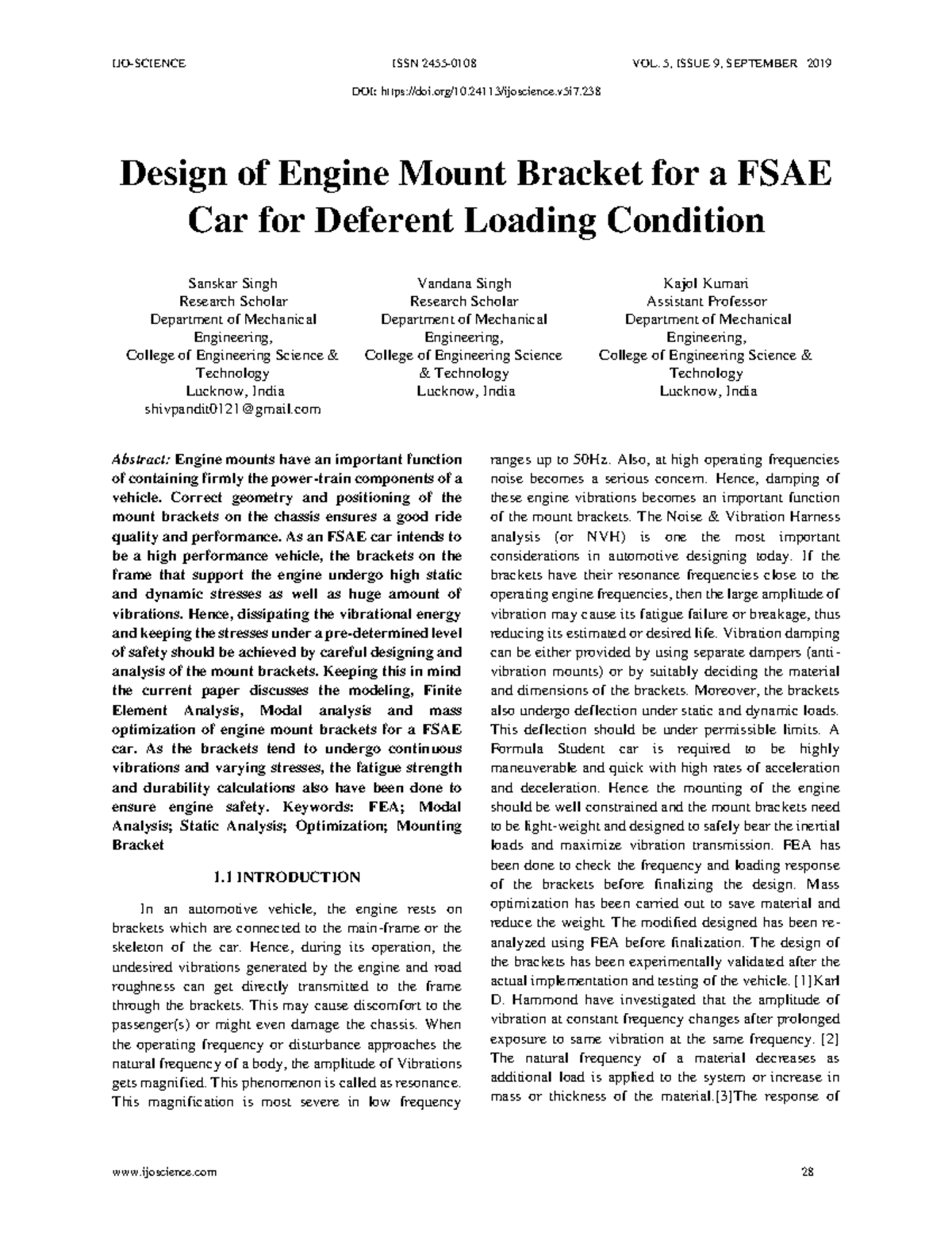 Design of Engine Mount Bracket for a FSAE Car for - IJO-SCIENCE ISSN ...