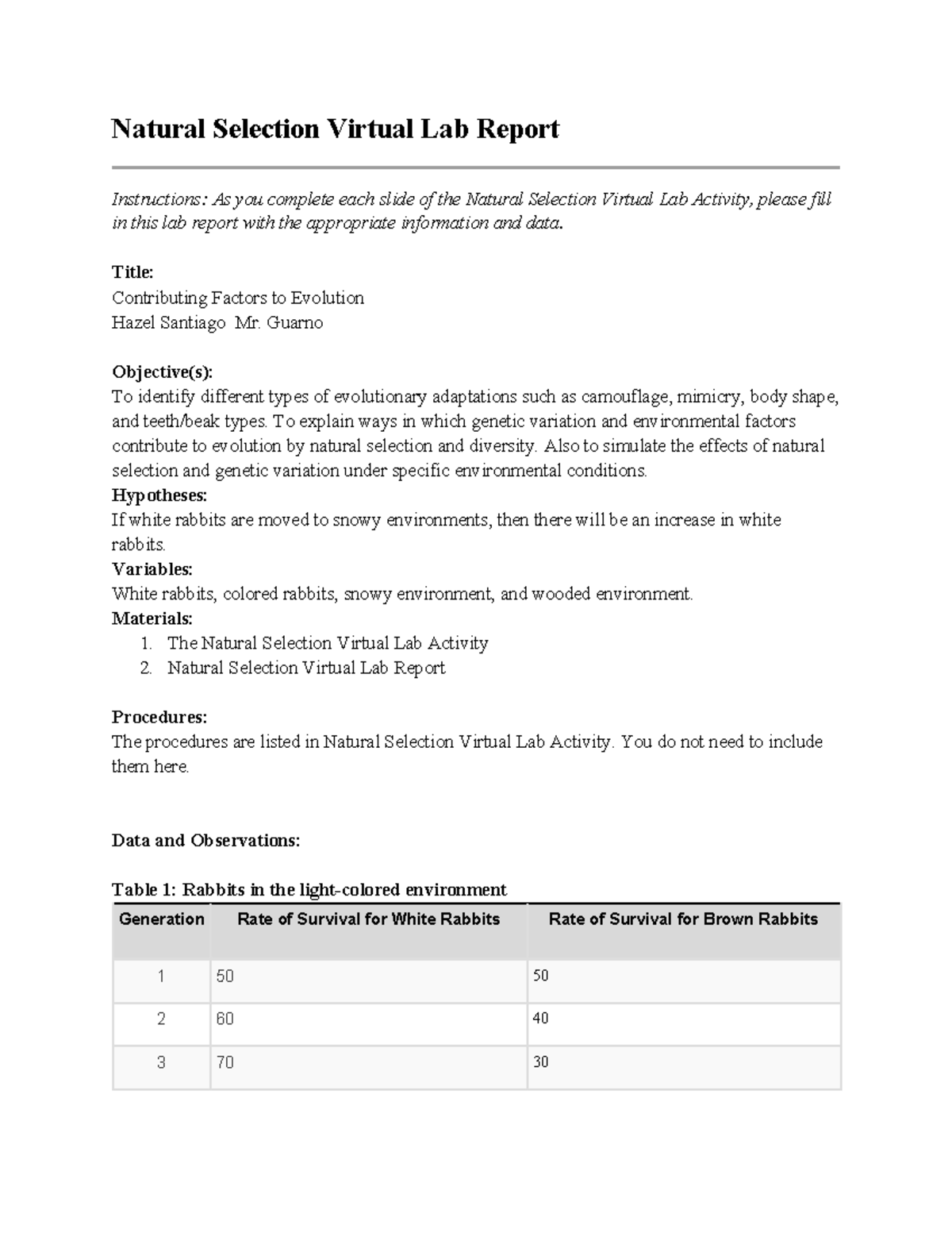 05 02 natural selection lab report - Natural Selection Virtual Lab ...