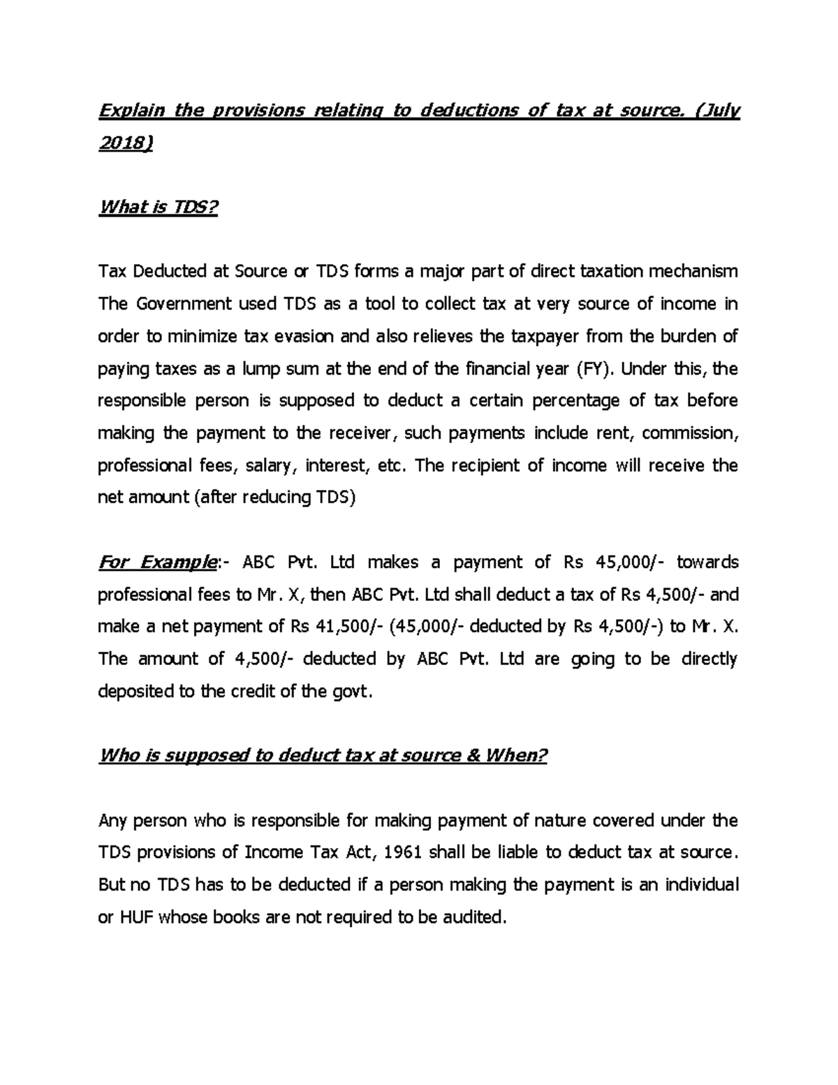 Tax Deducted at Source (TDS)- Provision - Explain the provisions ...