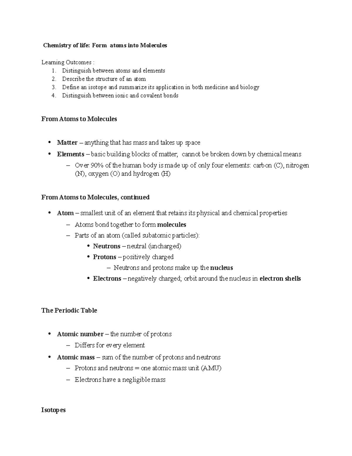 chapter 3 notes - Chemistry of life: Form atoms into Molecules Learning ...