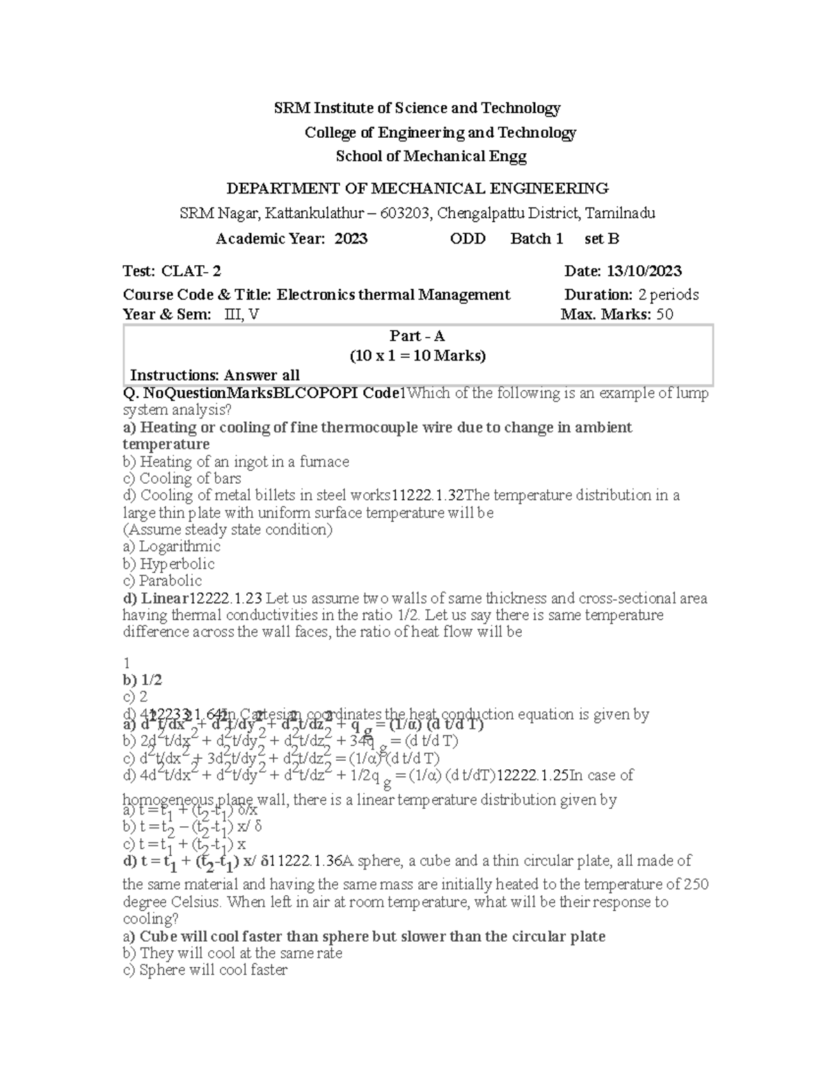 SET B Batch 1 - B SET - SRM Institute of Science and Technology College of Engineering and - Studocu