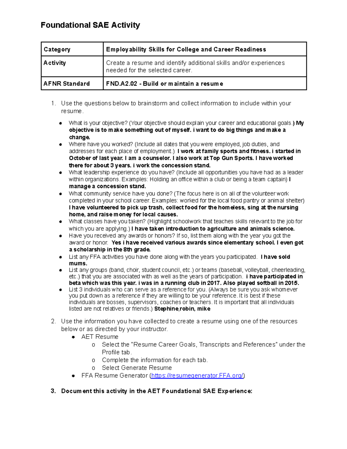 Copy of Foundational SAE resume - Foundational SAE Activity Category ...