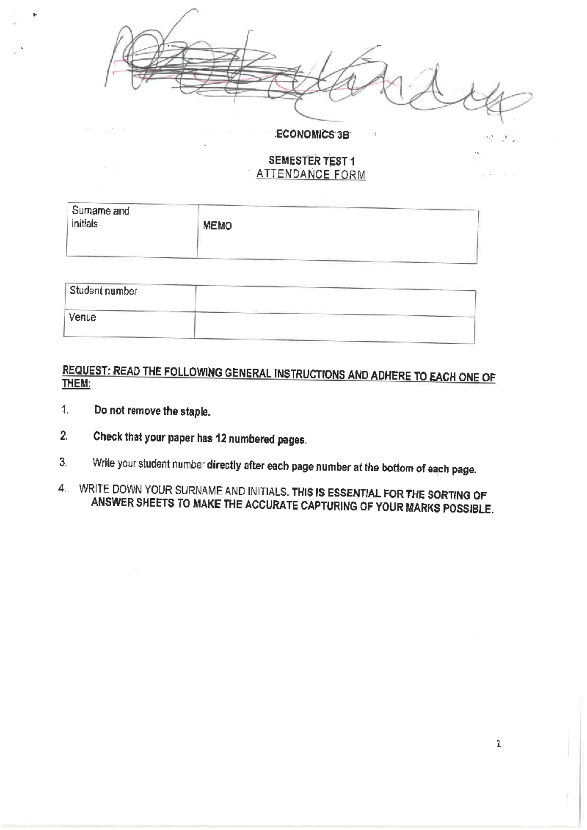 ECO 3B Semester Test 1 Memo - ECONOMICS 3B SEMESTER TEST 1 ATTENDANCE ...