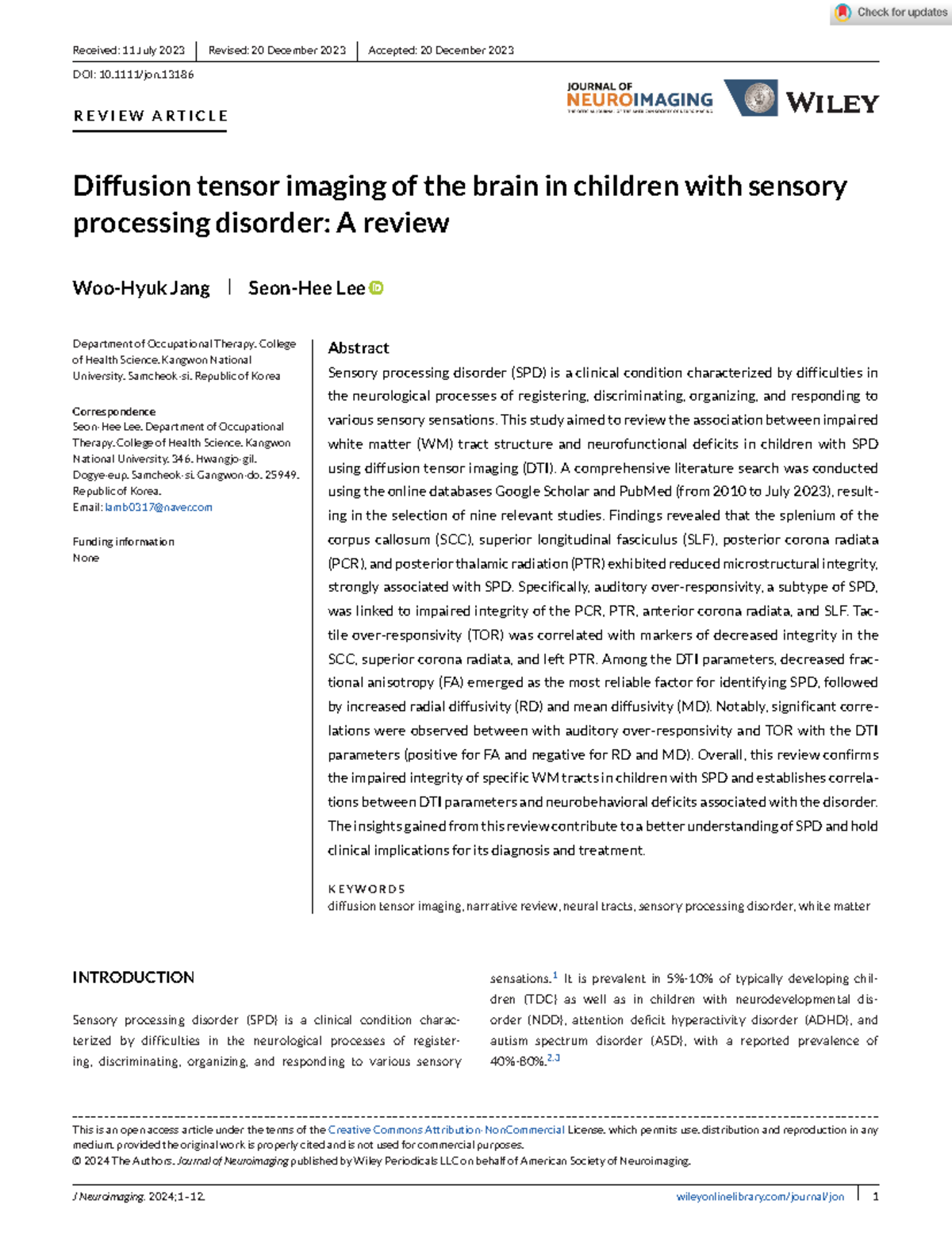 Journal of Neuroimaging - 2024 - Jang - Diffusion tensor imaging of the ...