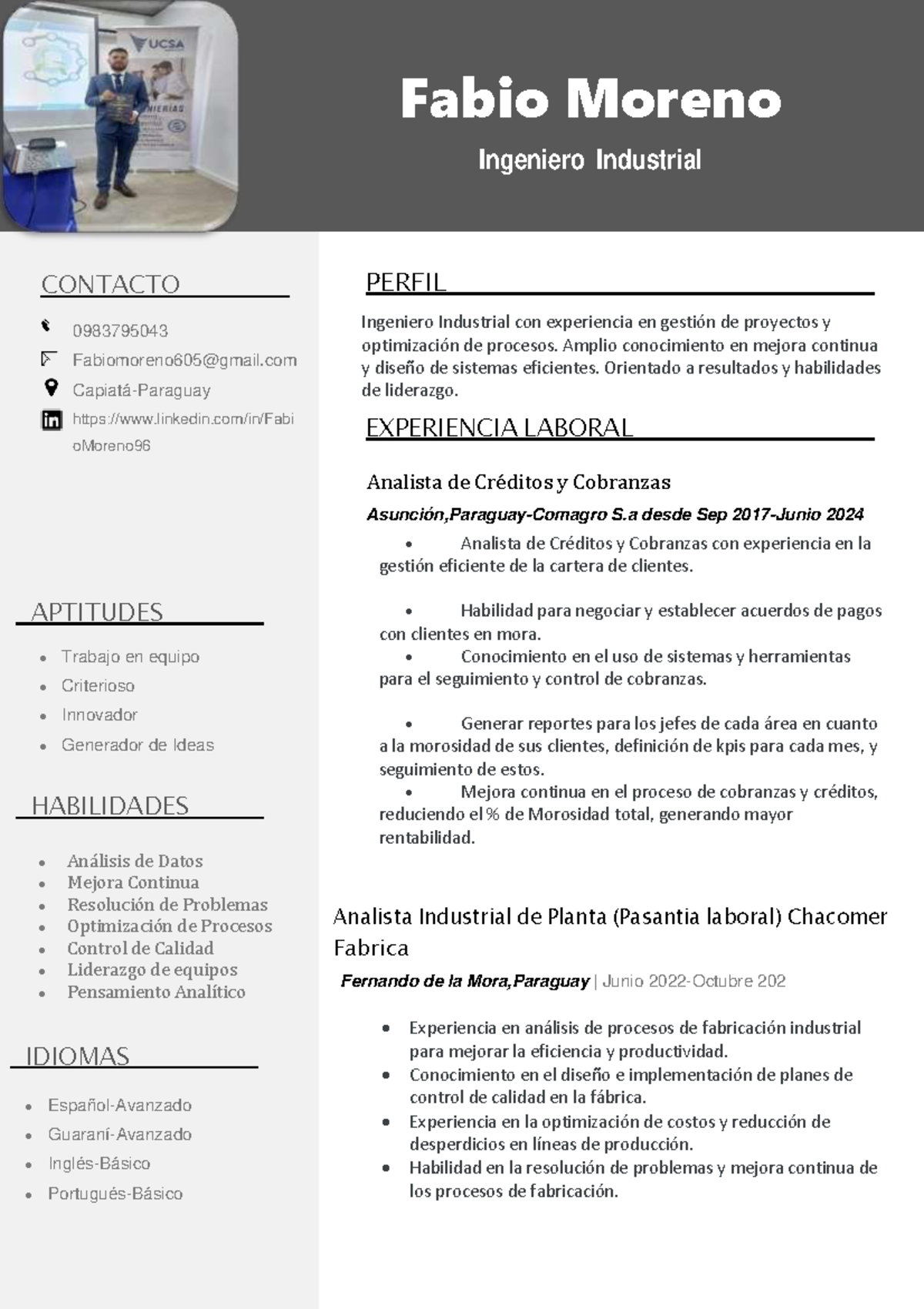 Ingeniero Fabio Moreno Cv-3 - Fabio Moreno Ingeniero Industrial CONTACTO 0983795043 - Studocu