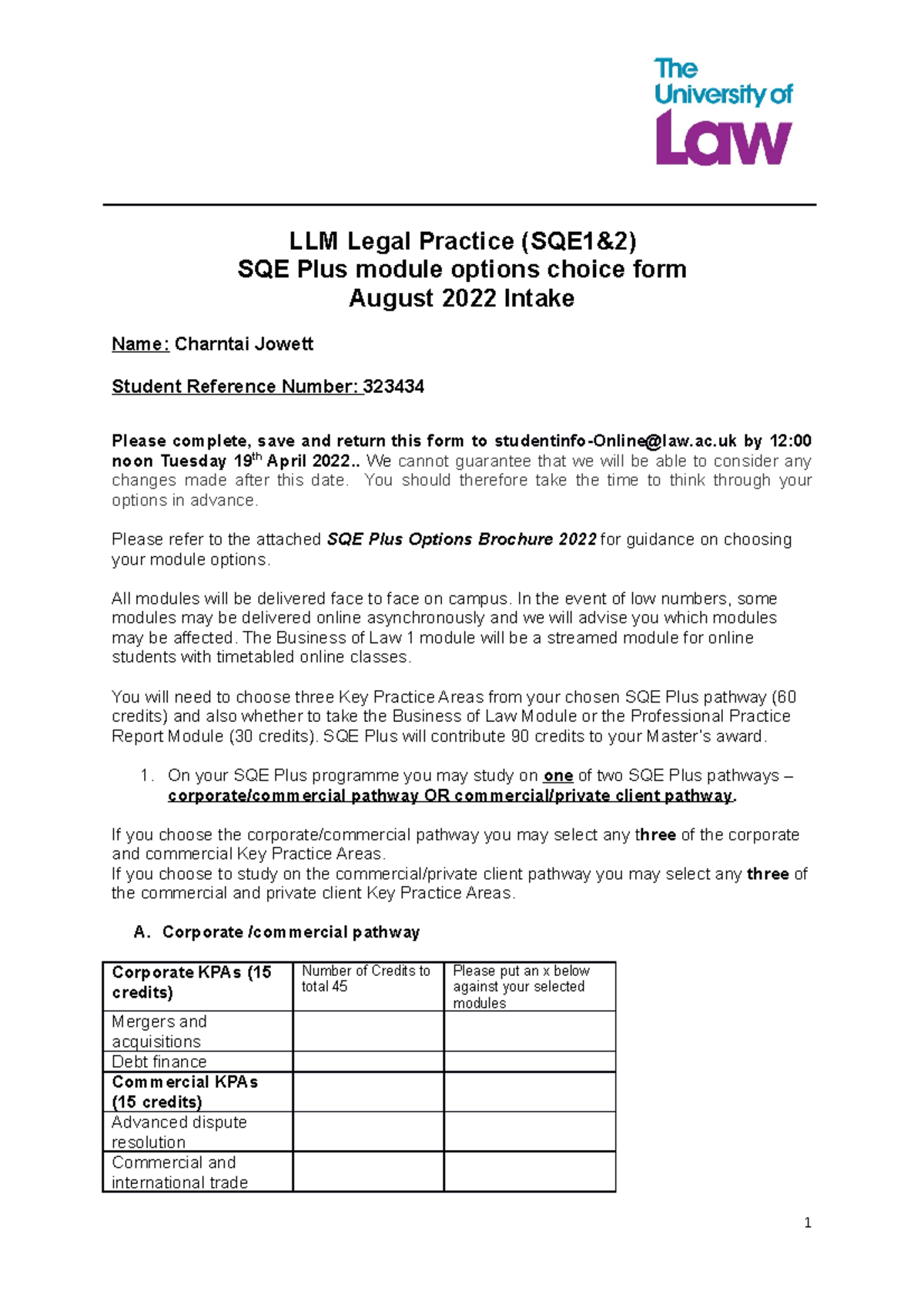 LLM Legal Practice KPA Choice form Completed - LLM Legal Practice (SQE1 ...