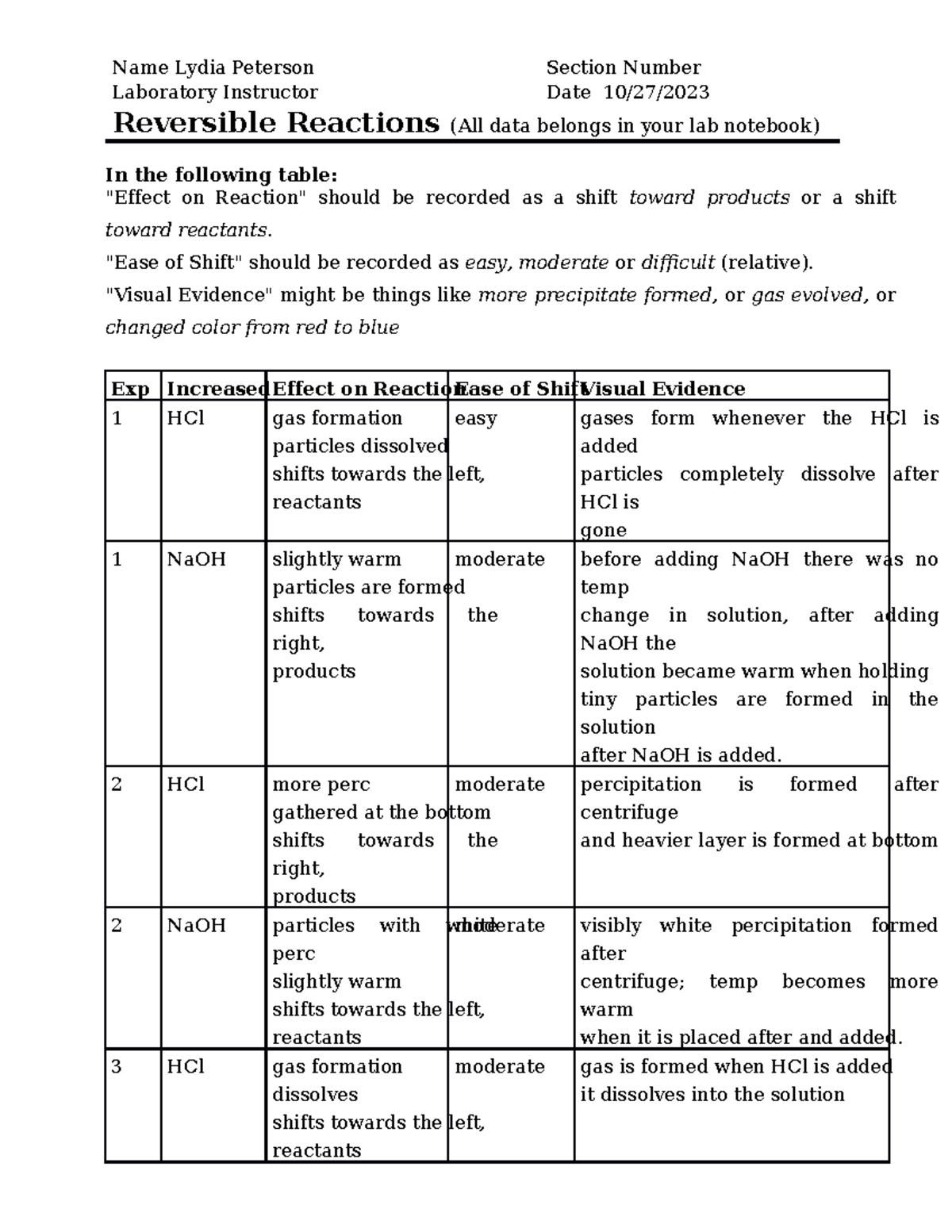 Reversible Reactions Lab Report - Name Lydia Peterson Section Number ...