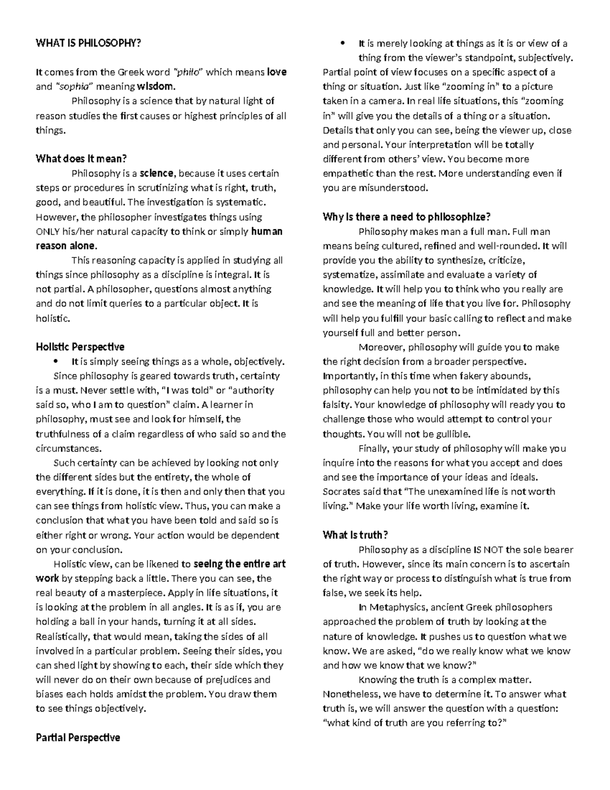 Philosophy Handouts - WHAT IS PHILOSOPHY? It comes from the Greek word ...