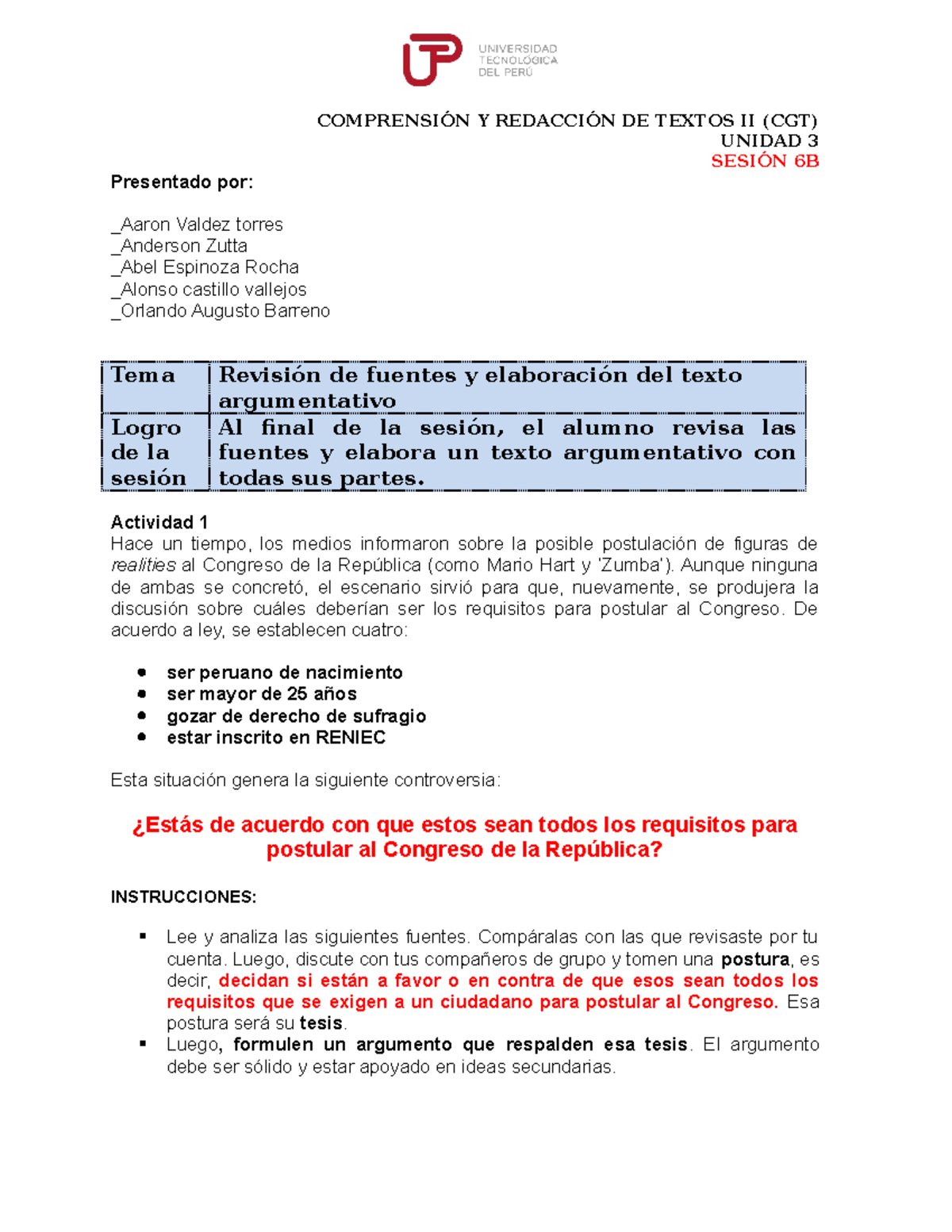 U3 S6B Texto argumentativo (requisitos Congreso) B (4)-1 - COMPRENSIÓN Y REDACCIÓN DE TEXTOS II ...