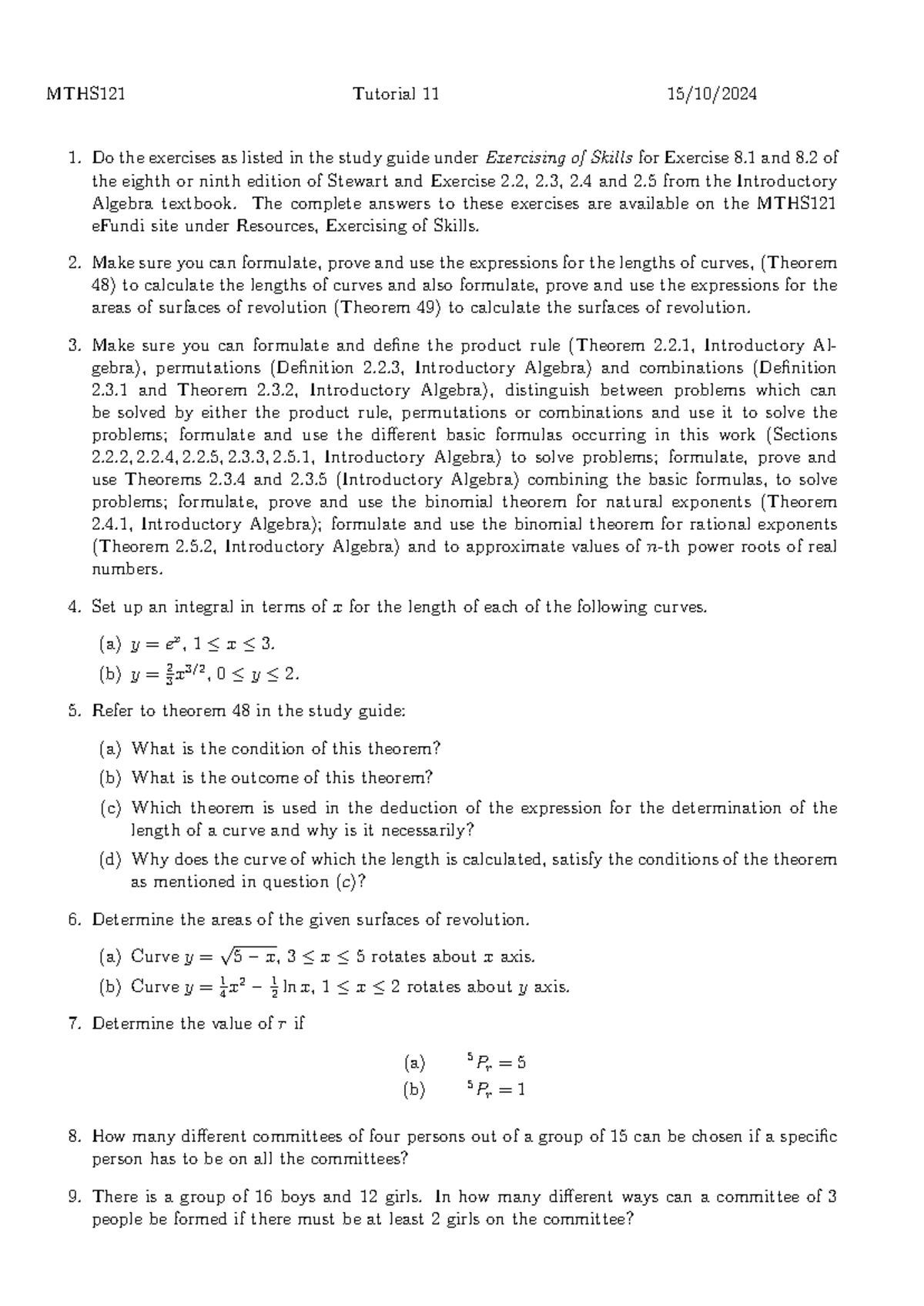 MTHS121 Tutorial 11 - Test - MTHS121 Tutorial 11 15/10/ Do the ...