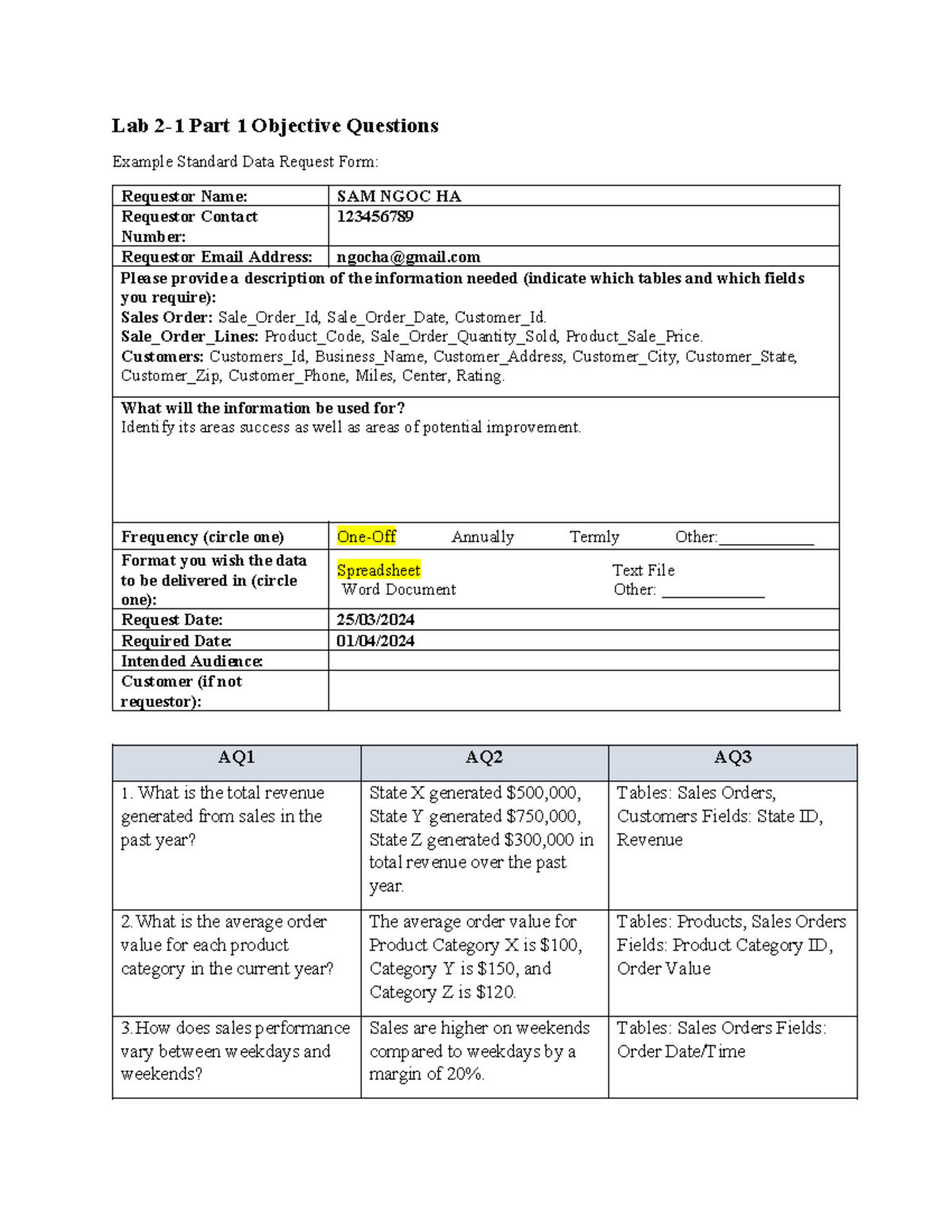 Sam Ngoc Ha 31211025289 Lap 2 1 - Lab 2-1 Part 1 Objective Questions Example Standard Data ...