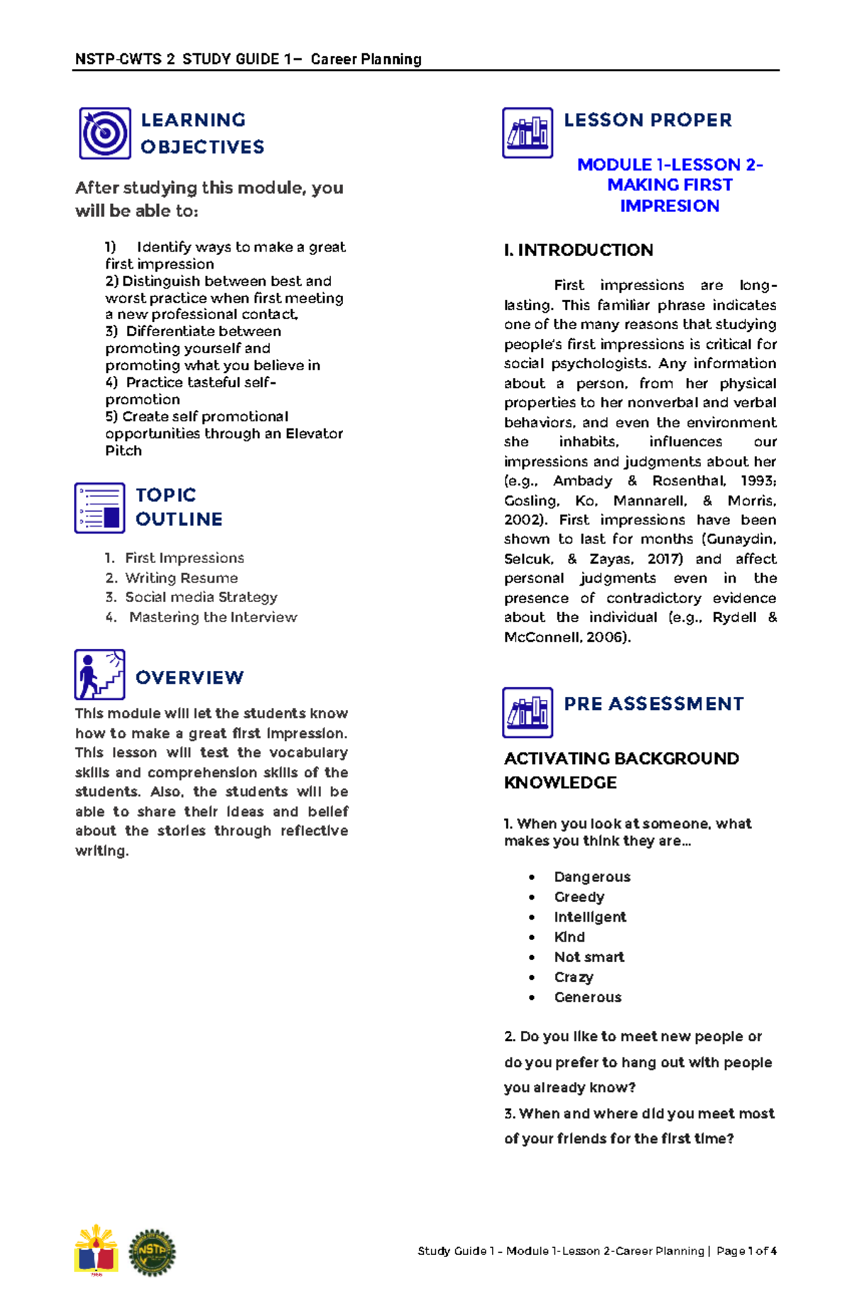 Study Guide 1 Module 1 Lesson 2 Career Planning - NSTP-CWTS 2 STUDY ...