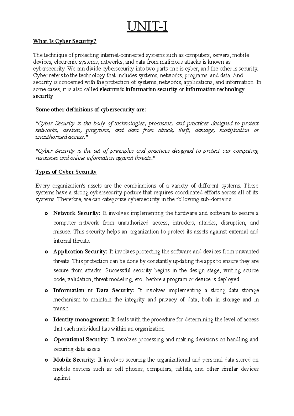 CS UNIT I - Good notes - UNIT-I What Is Cyber Security? The technique ...