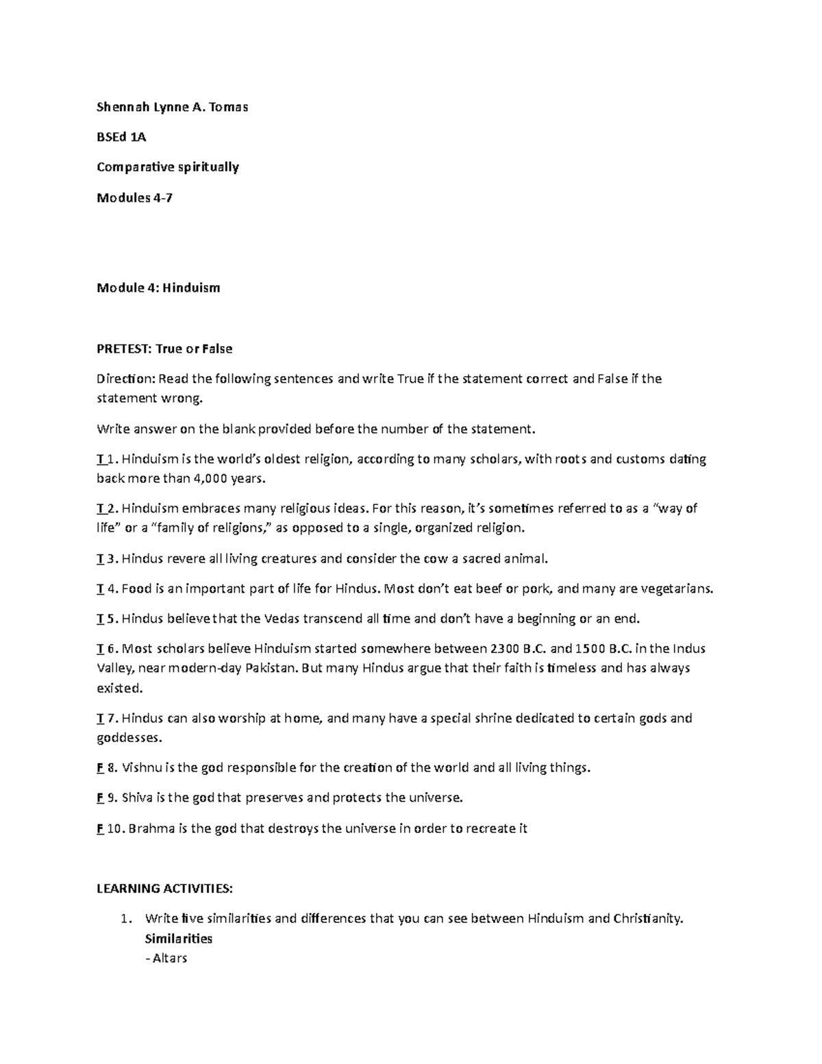 Comparative spiritually 4 7 - Shennah Lynne A. Tomas BSEd 1A ...