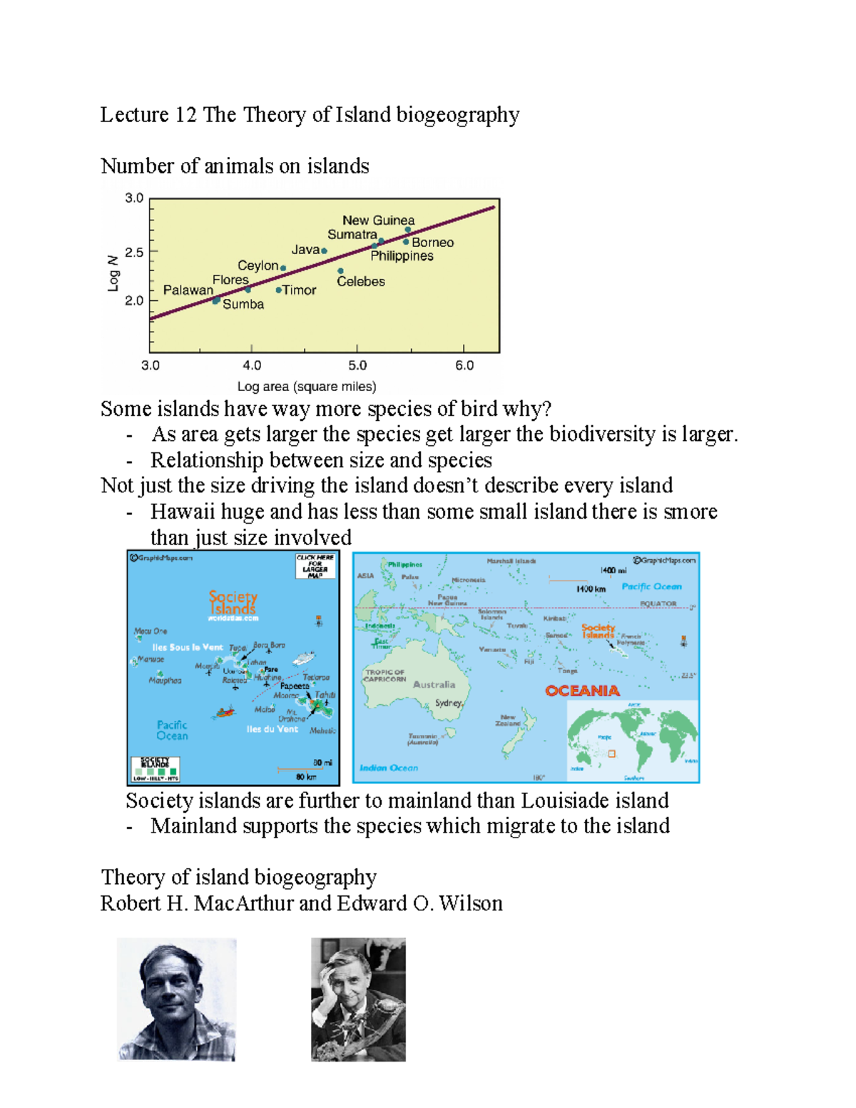 Lecture 12 - notes - Lecture 12 The Theory of Island biogeography ...