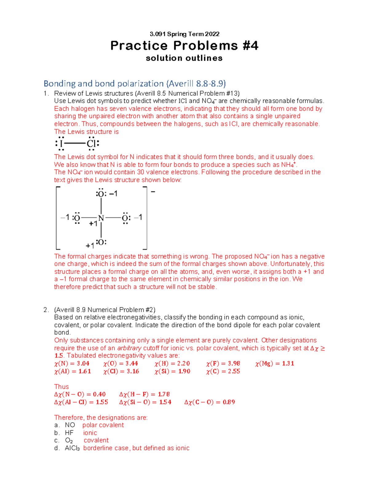 3091-SP22-PP4 Solutions - 3 Spring Term 2022 Practice Problems solution outlines Bonding and ...