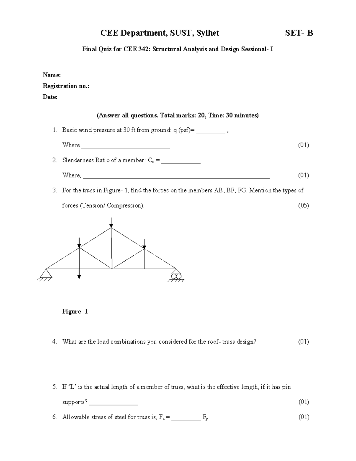 Final quiz - CEE Department, SUST, Sylhet SET- B Final Quiz for CEE 342 ...