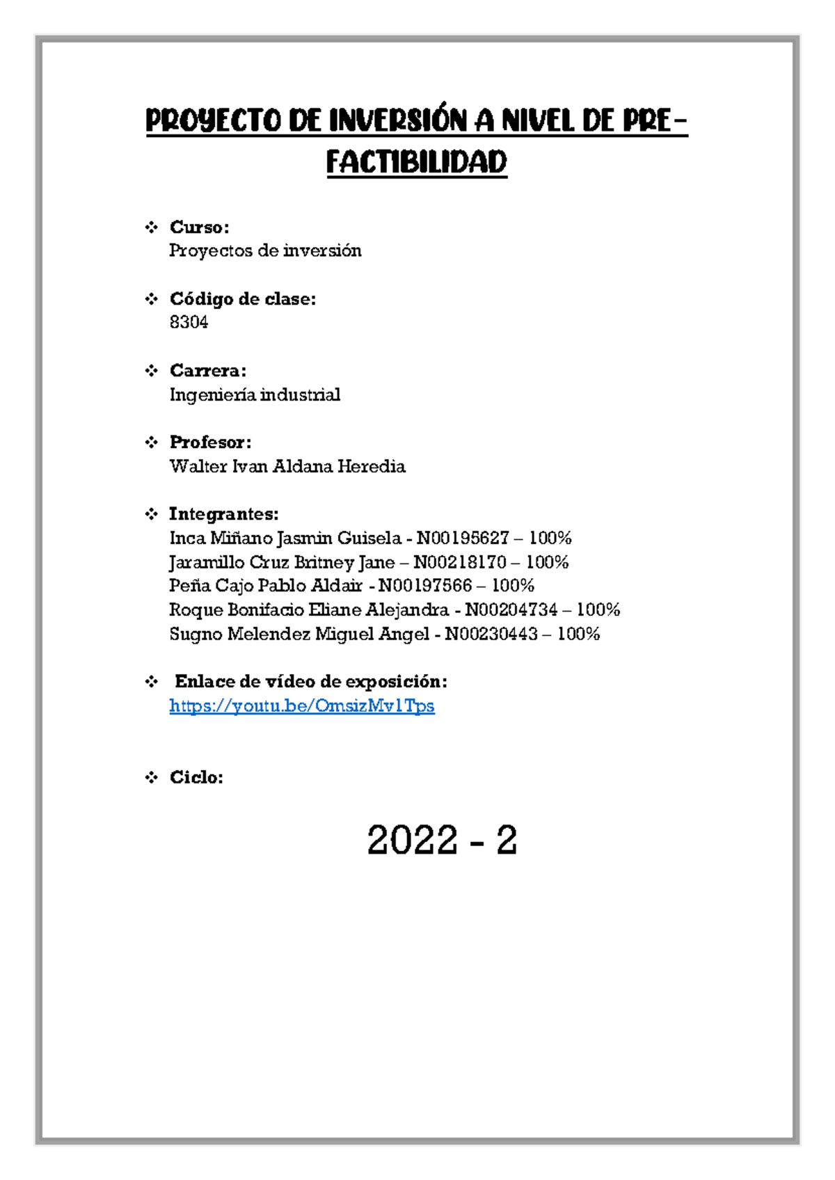 Informe final - Proyectos de inversión - PROYECTO DE INVERSIÓN A NIVEL ...