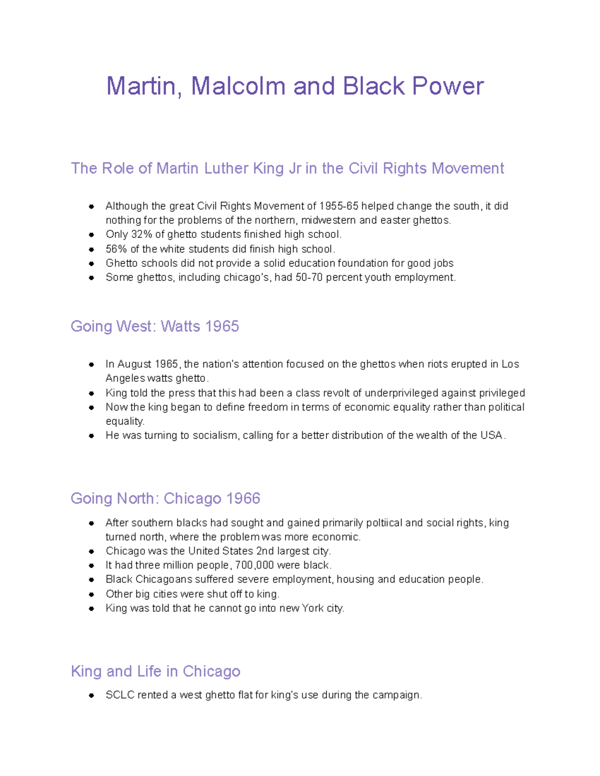 Civil Rights Reading Notes 3 - Martin, Malcolm and Black Power The Role ...