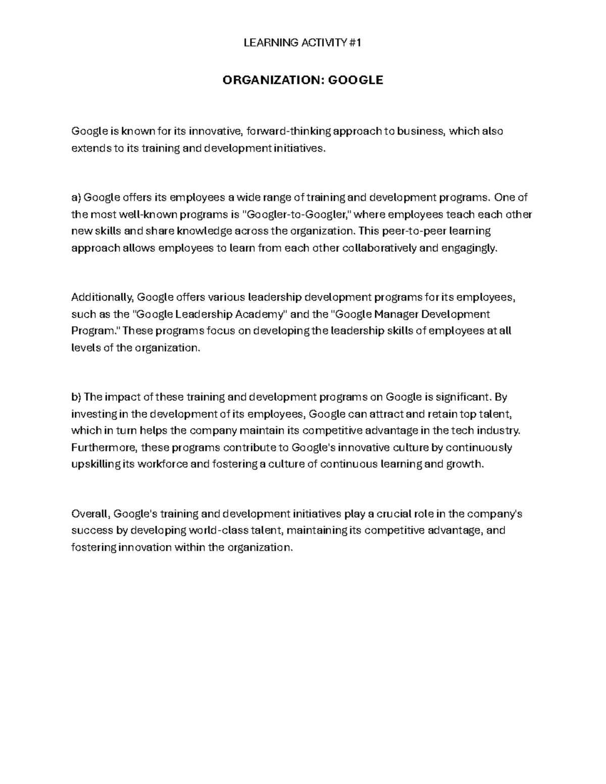 HRM3002 Learning Activity%231 - LEARNING ACTIVITY ORGANIZATION: GOOGLE ...