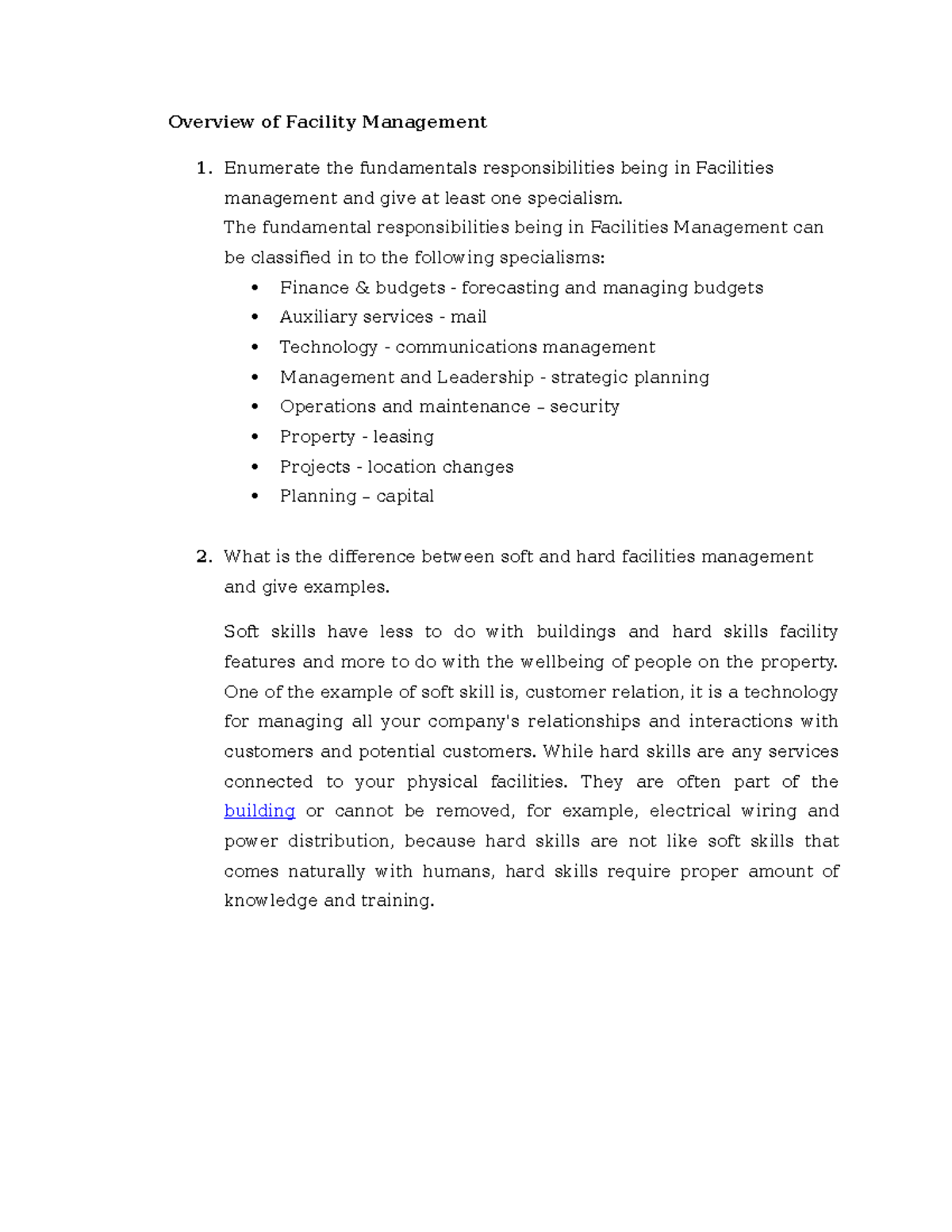 Facilities MNG OFM - Overview of Facility Management Enumerate the ...