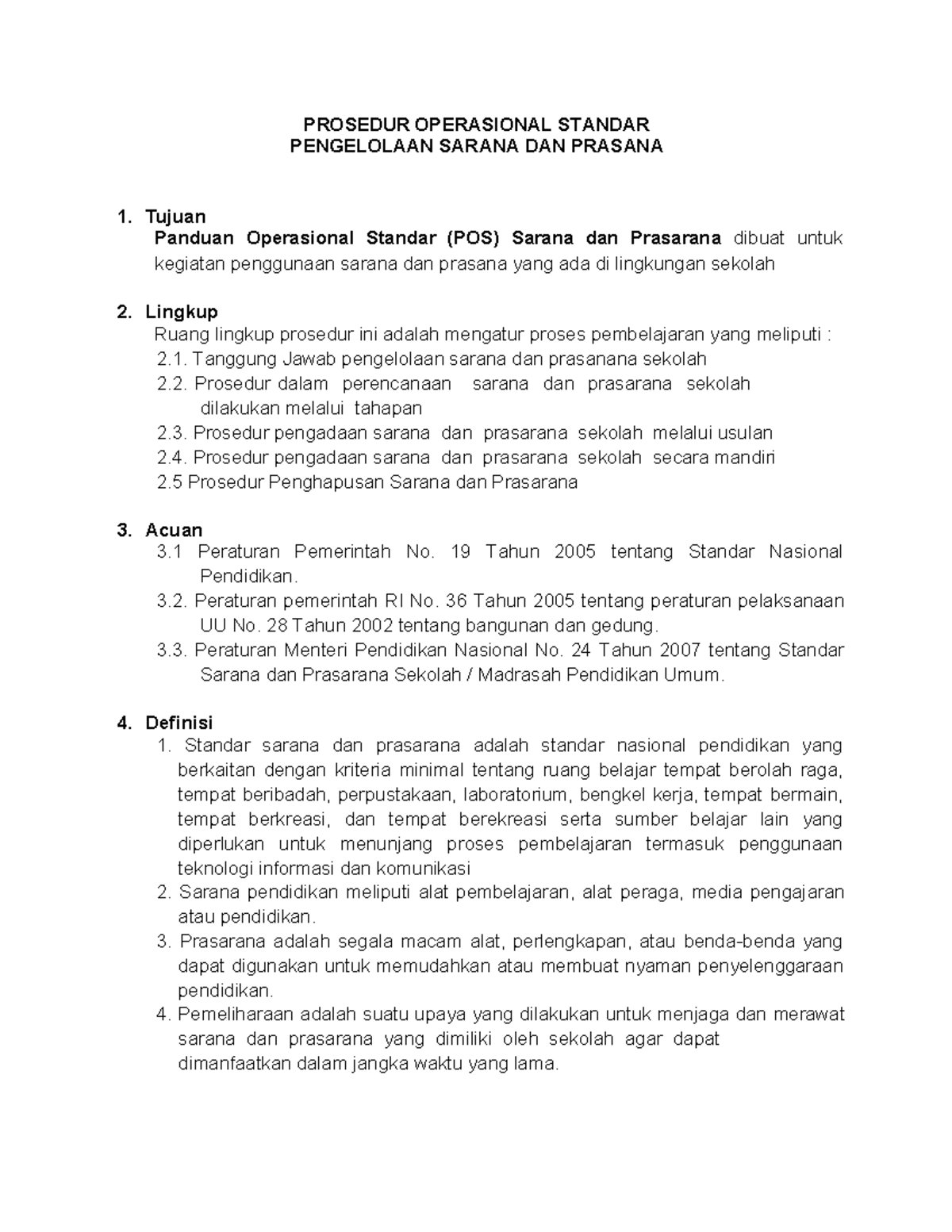 SOP Sarana DAN Prasana - PROSEDUR OPERASIONAL STANDAR PENGELOLAAN ...