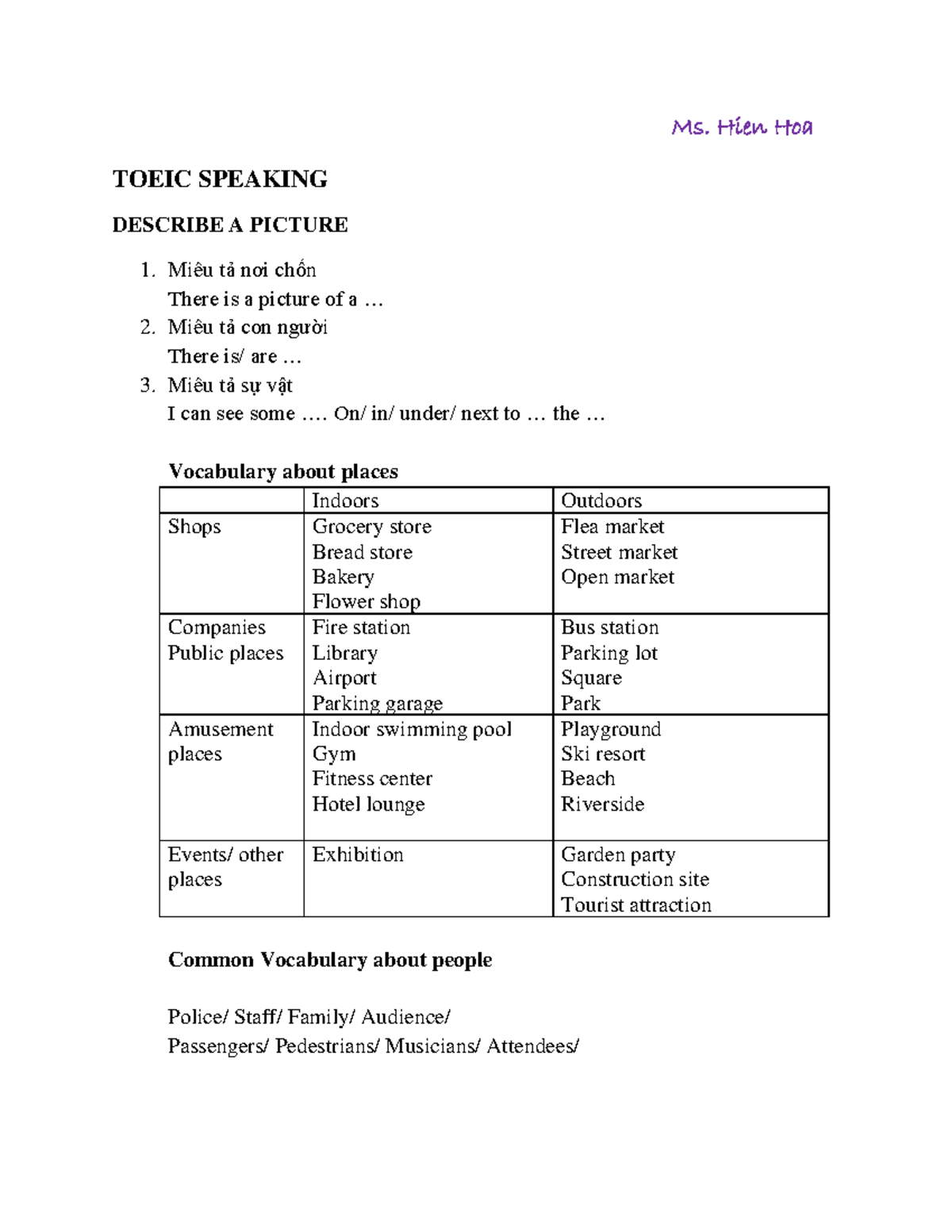 Toeic Speaking- Describing Pictures - Ms. Hien Hoa TOEIC SPEAKING ...