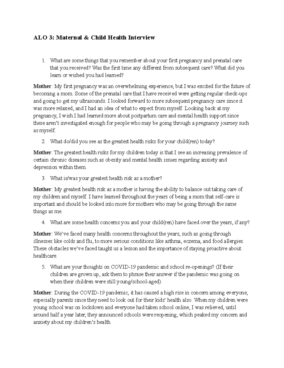 ALO 3 - ALO 3 assignment - ALO 3: Maternal & Child Health Interview ...