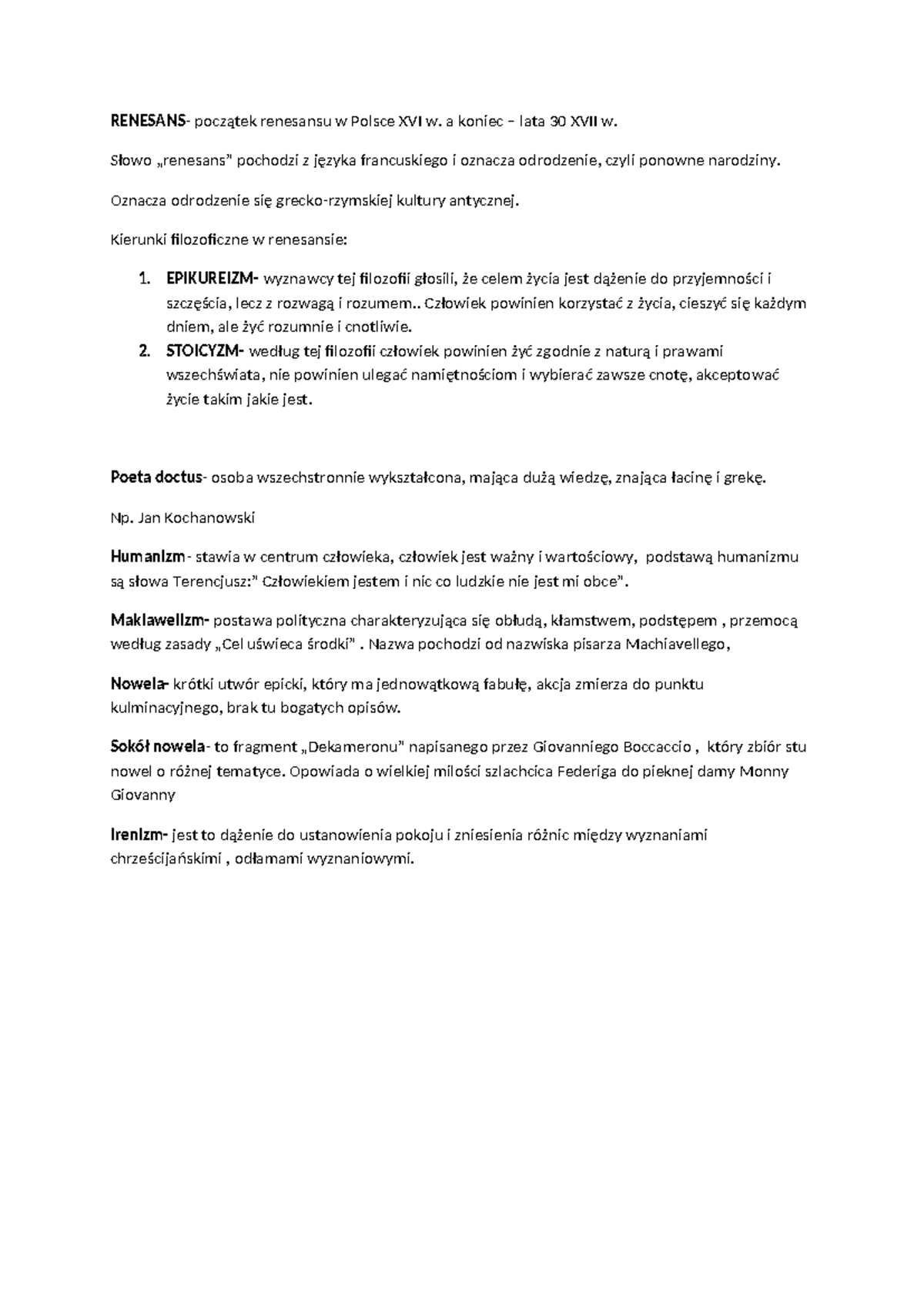 Renesans - OPIS EPOKI, NAJWAŻNIEJSZE POJĘCIA - RENESANS- początek ...