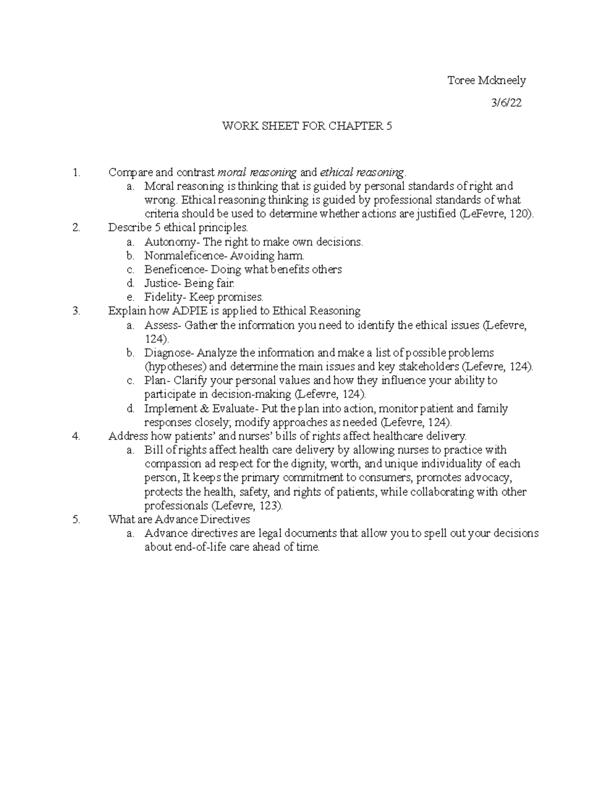 Critical Thinkingwork Sheet FOR Chapter 5 - Toree Mckneely 3/6/ WORK ...