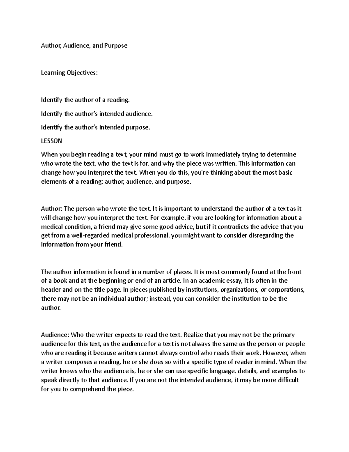 Audience, author, purpose - Author, Audience, and Purpose Learning ...