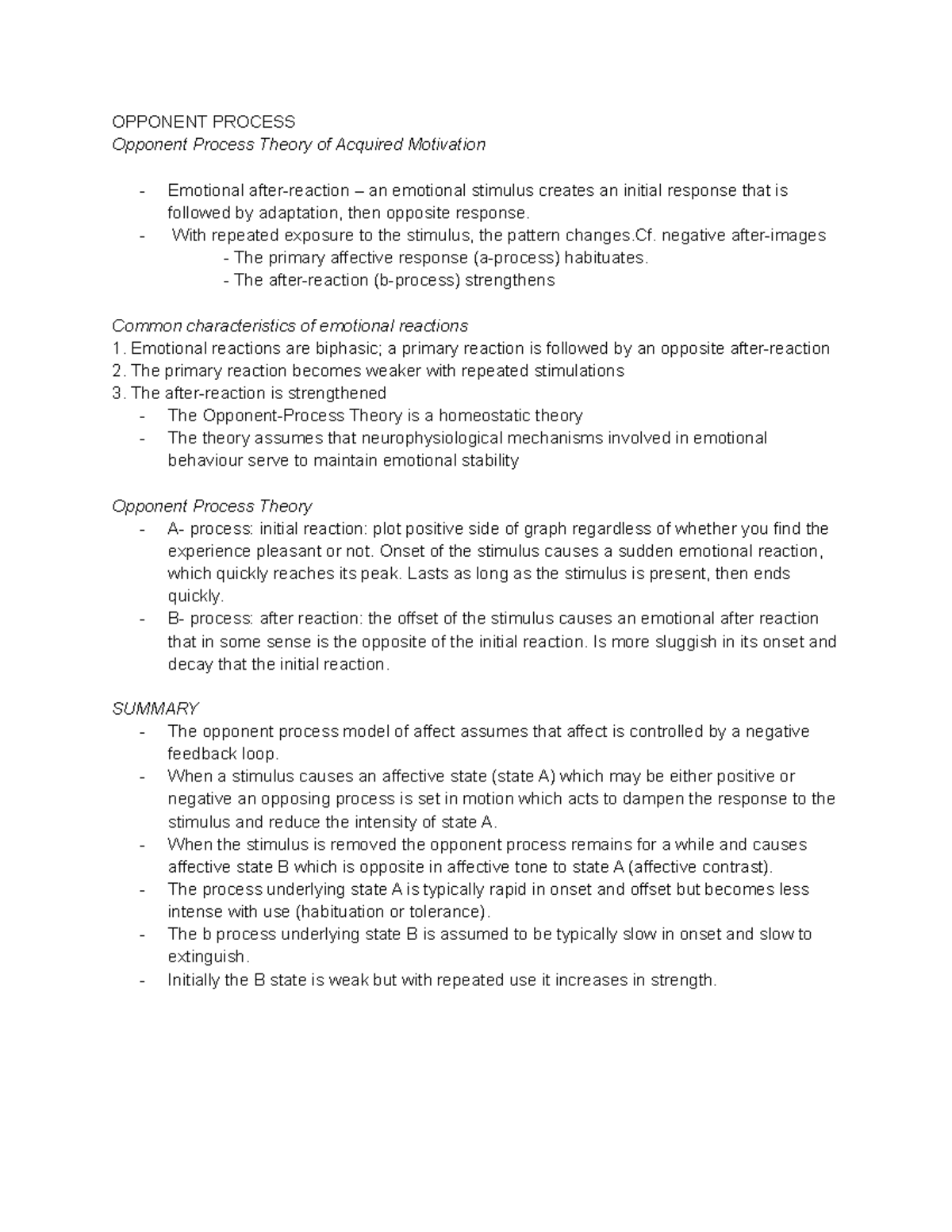 PSY1104 Opponent Process - OPPONENT PROCESS Opponent Process Theory of ...