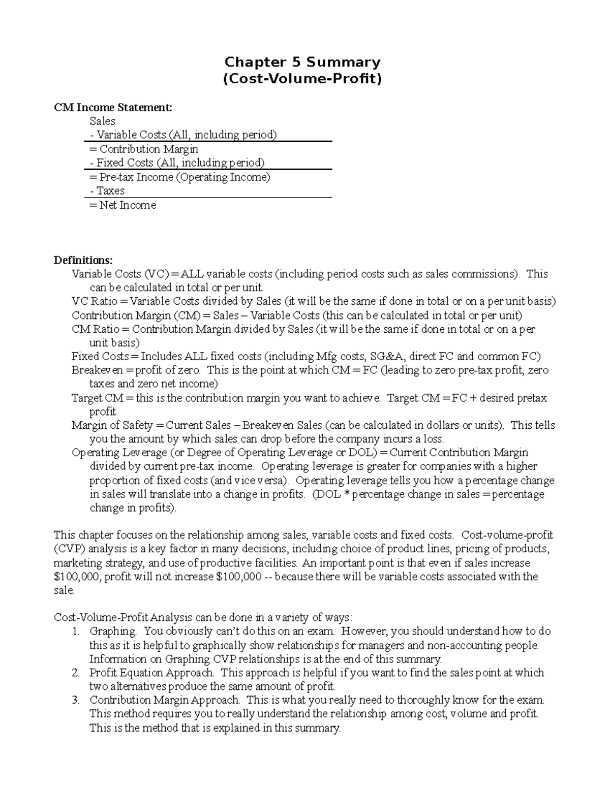 CVP Summary copy - (Cost-Volume-Profit) CM Income Statement: Sales ...