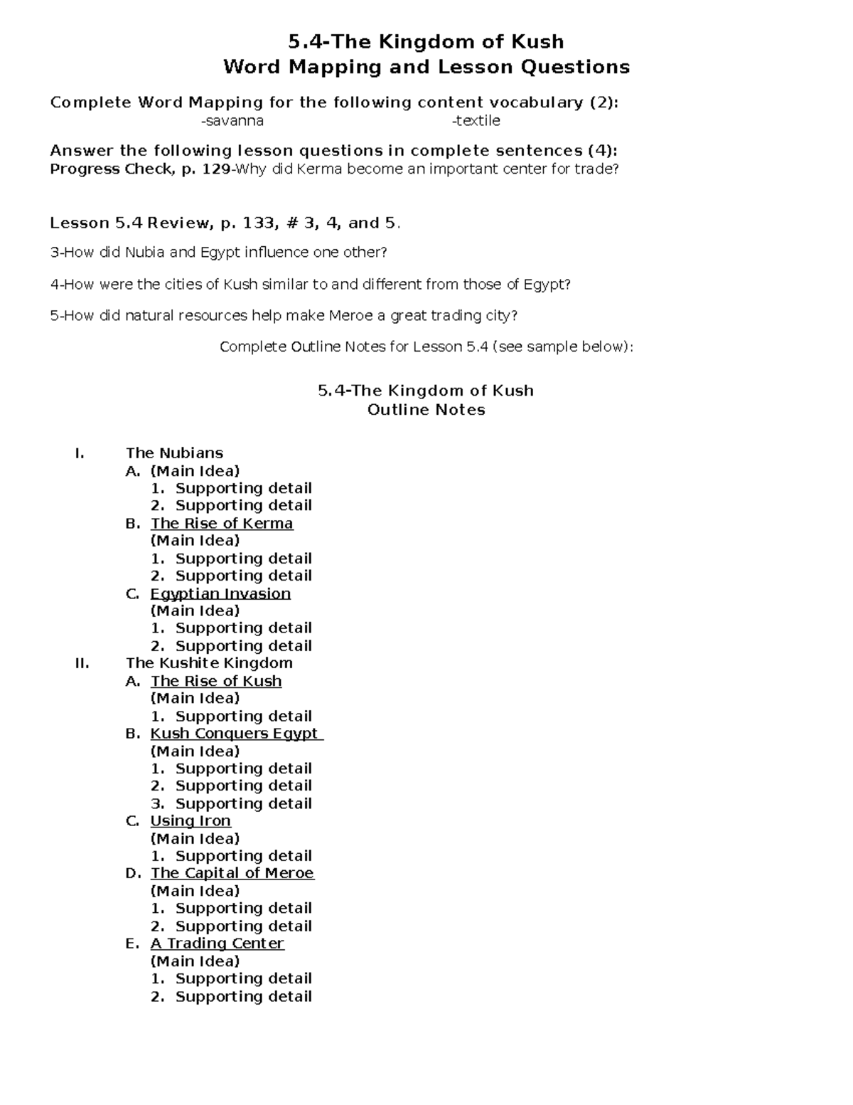Guided Readings - 5-The Kingdom of Kush Word Mapping and Lesson ...