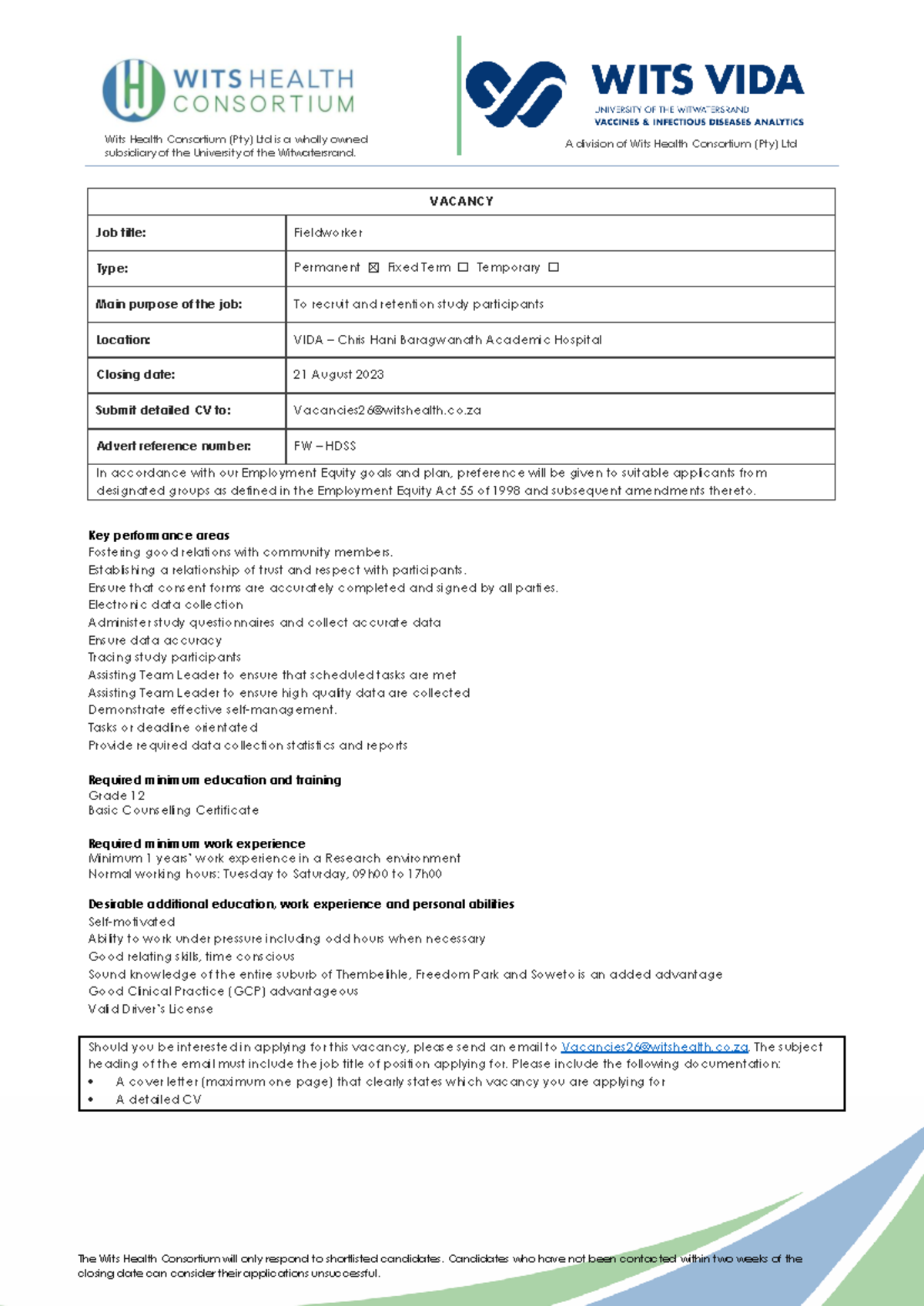 21954 Internal Advert - Fieldworker (HDSS) - VIDA - August 2023 - Wits ...