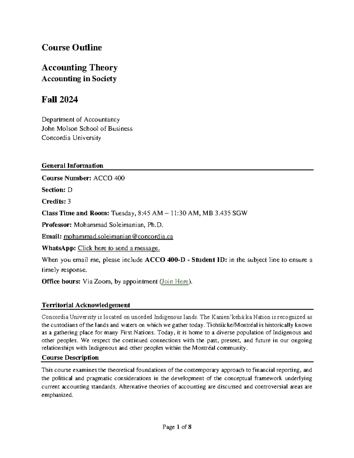 Course Outline ACCO 400 FALL 2024 - Course Outline Accounting Theory ...