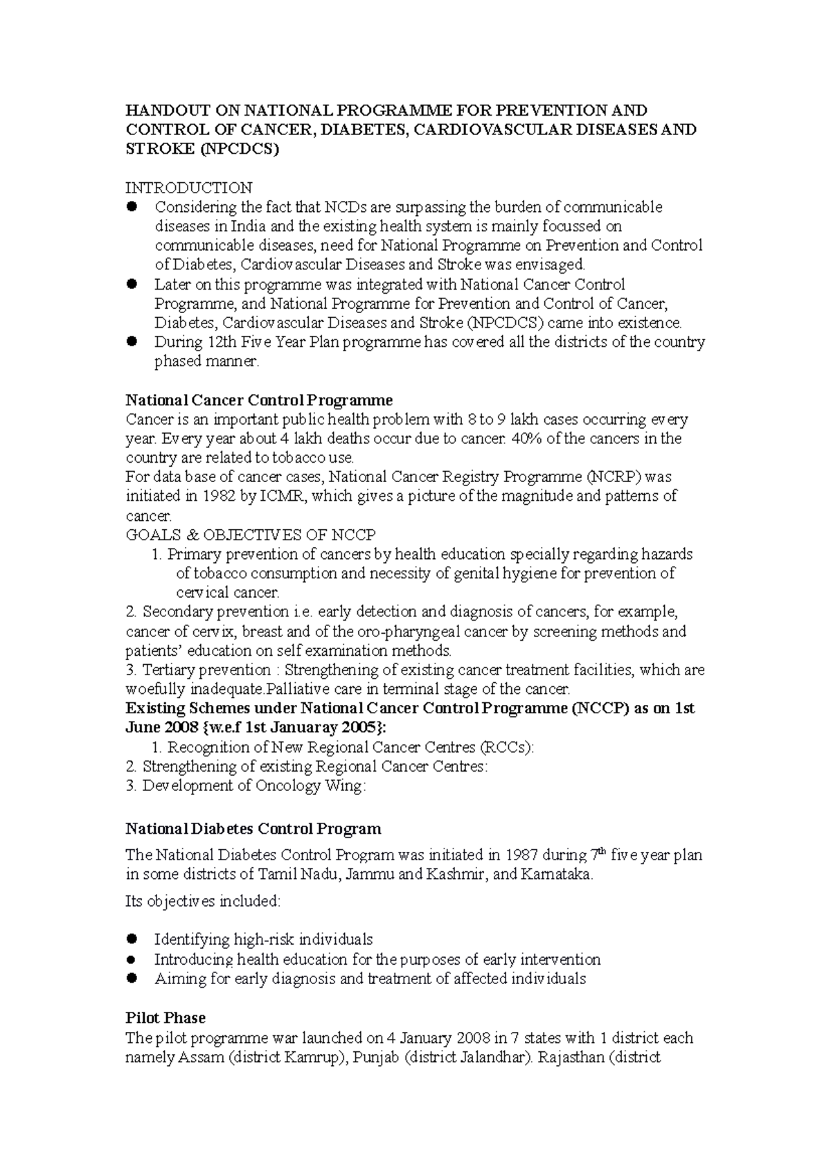 Handout npcdcs - HANDOUT ON NATIONAL PROGRAMME FOR PREVENTION AND ...