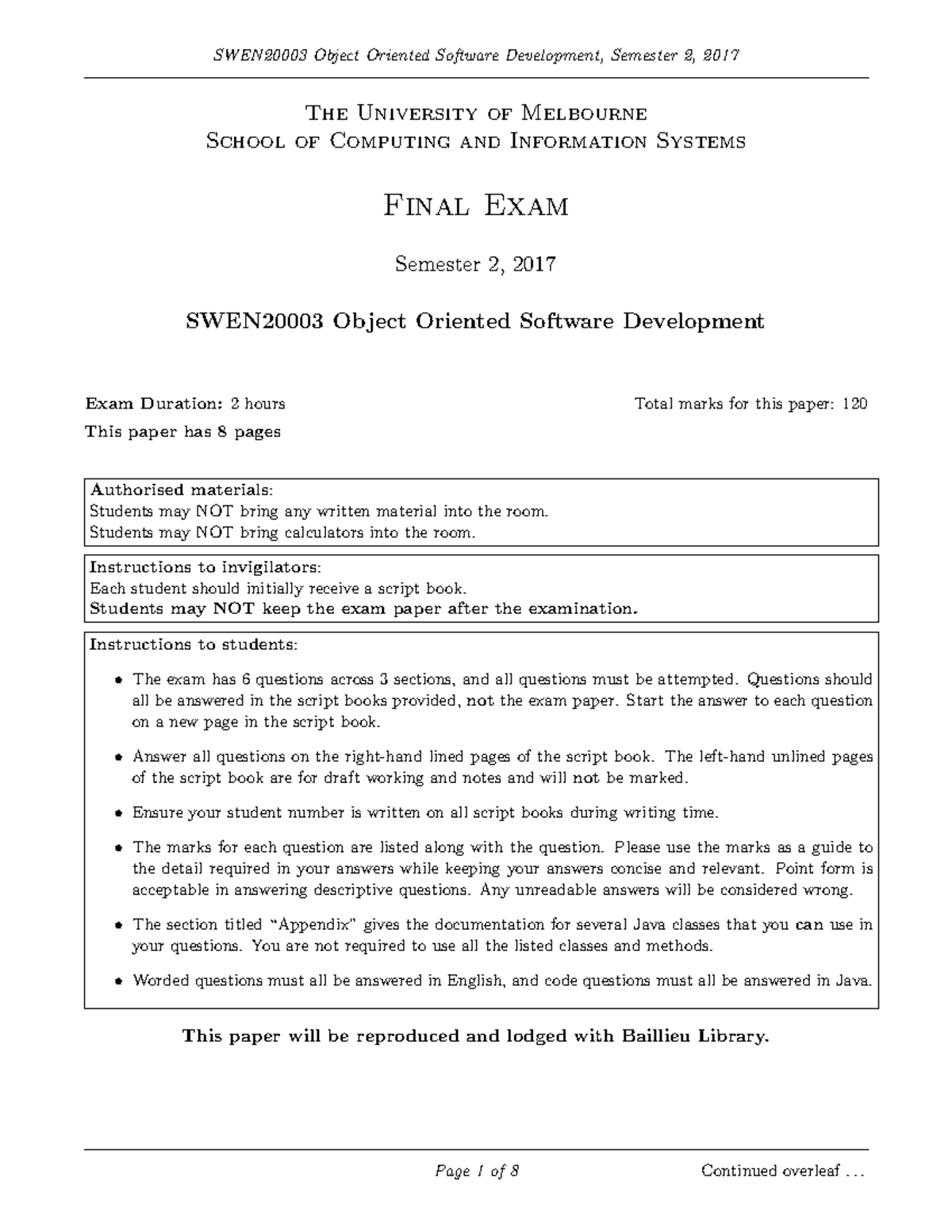 Exam 13 October 2017, questions - SWEN20003 Object Oriented Software Development, Semester 2 ...