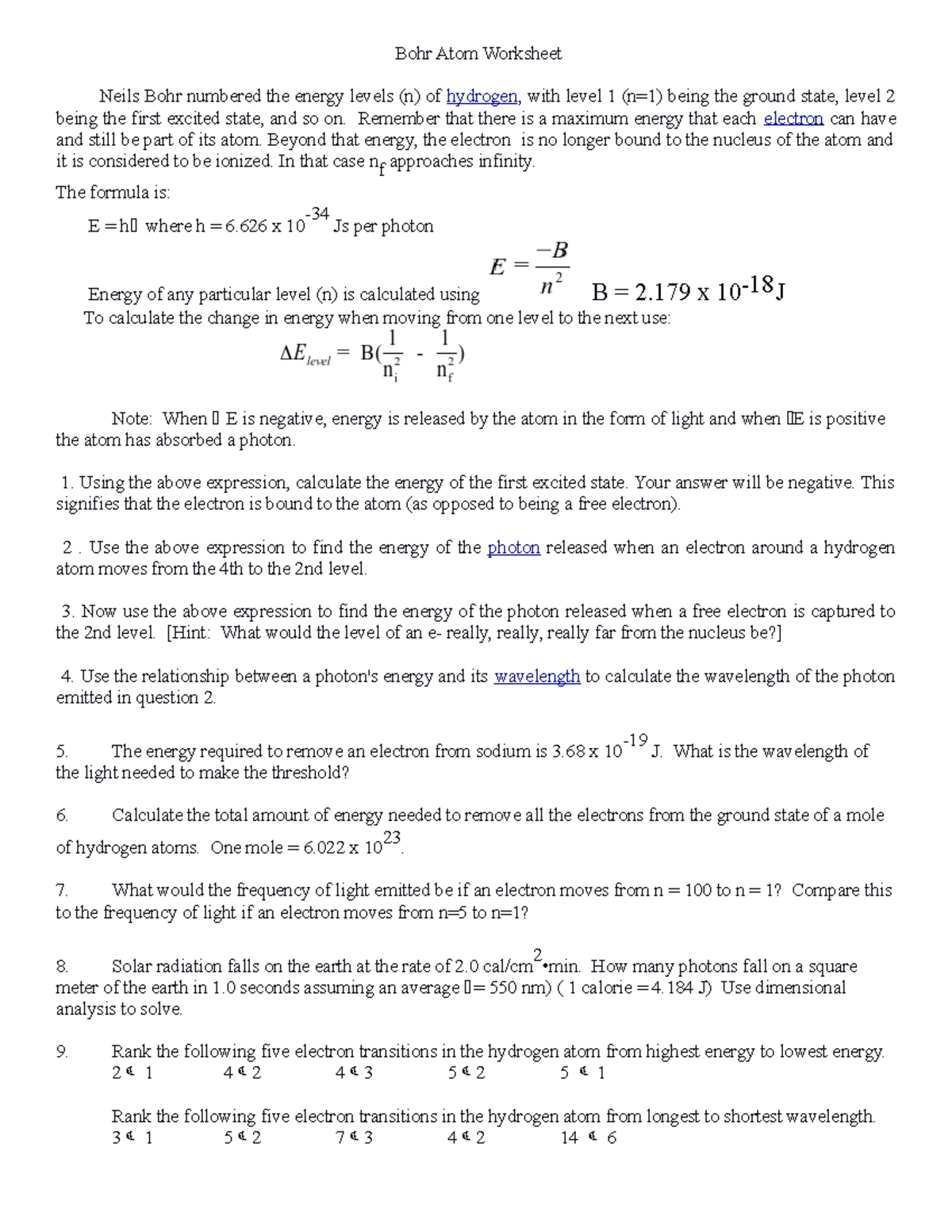Bohr energy level worksheet - Bohr Atom Worksheet Neils Bohr numbered ...