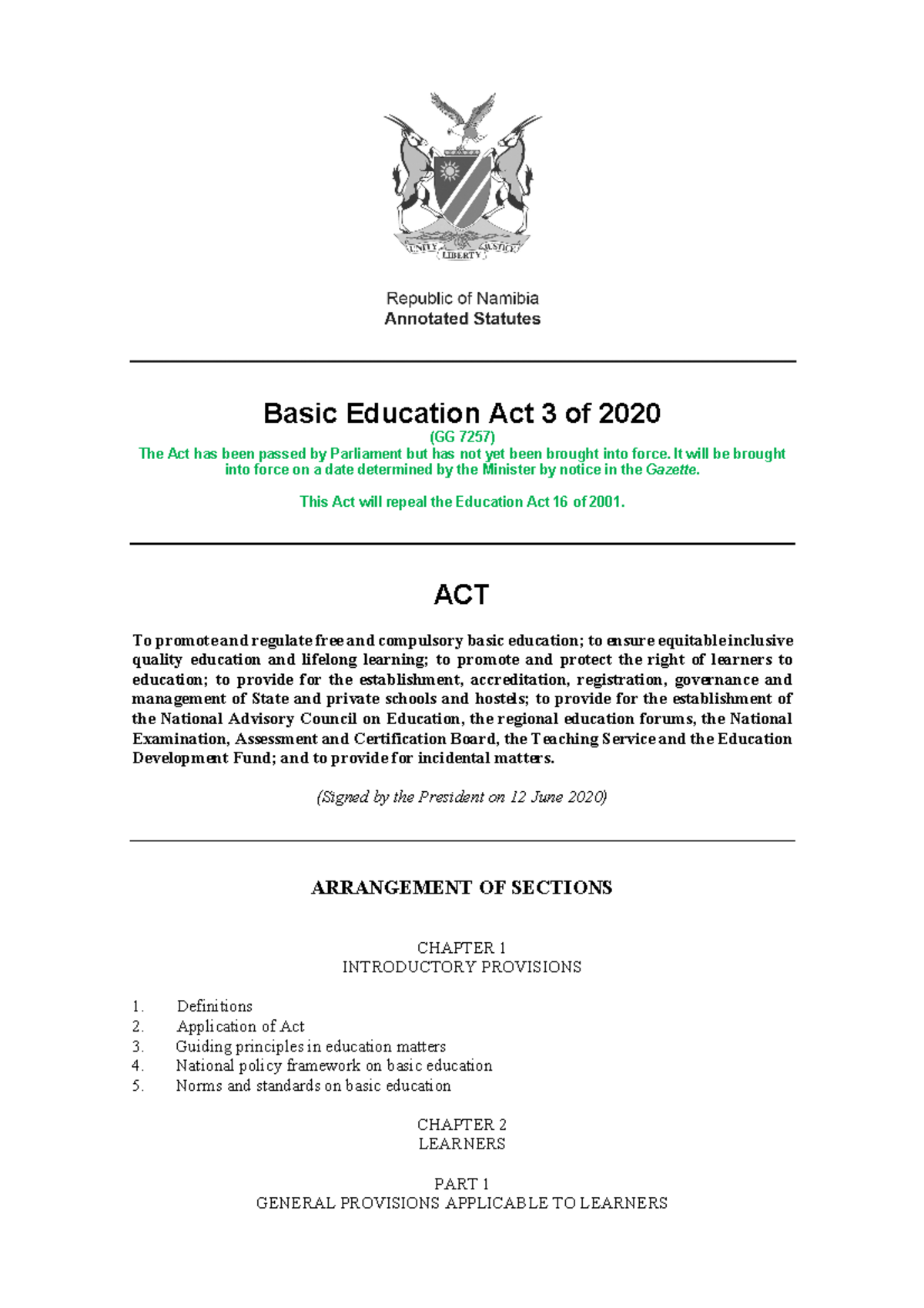 Basic Education Act 3 of 2020 - Basic Education Act 3 of 2020 (GG 7257 ...