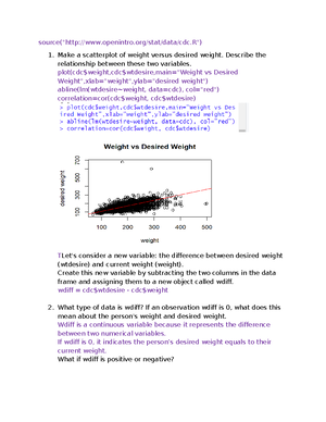 Lab 1B doc - Assignment - Lab 1B: Intro to Data Basics II # Make a scatterplot of weight versus ...
