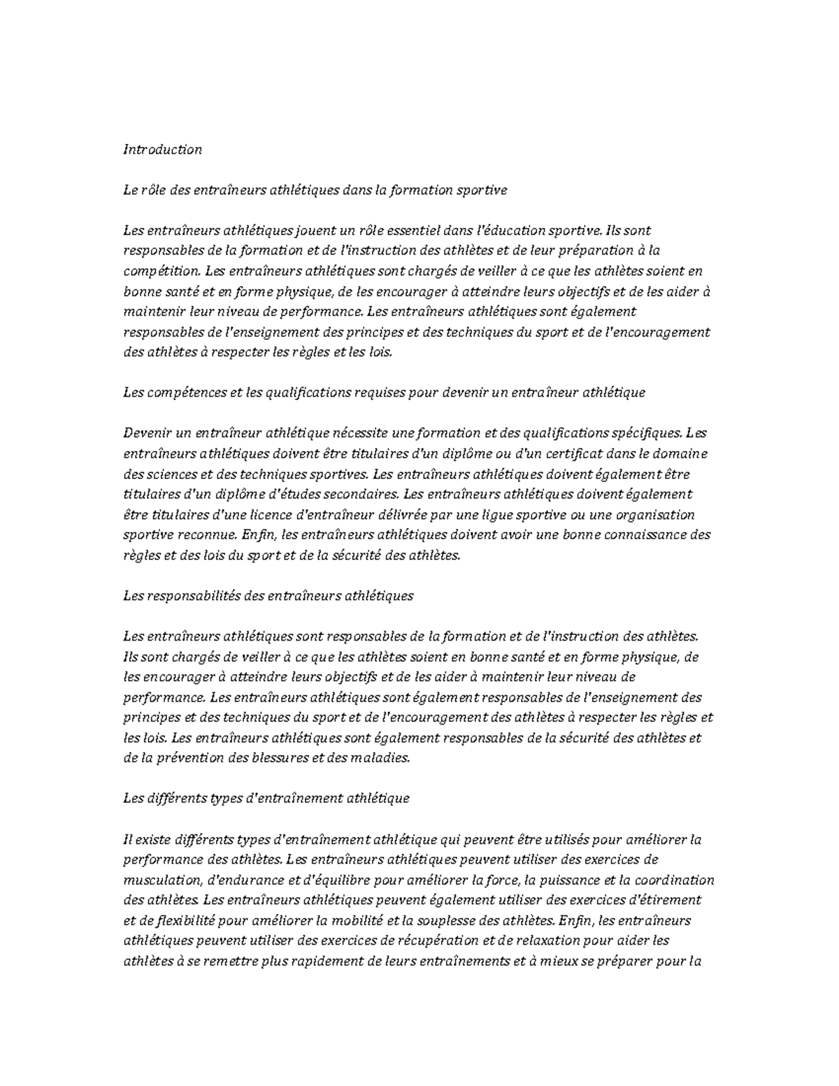 Athletic Training note study - Introduction Le rôle des entraîneurs ...