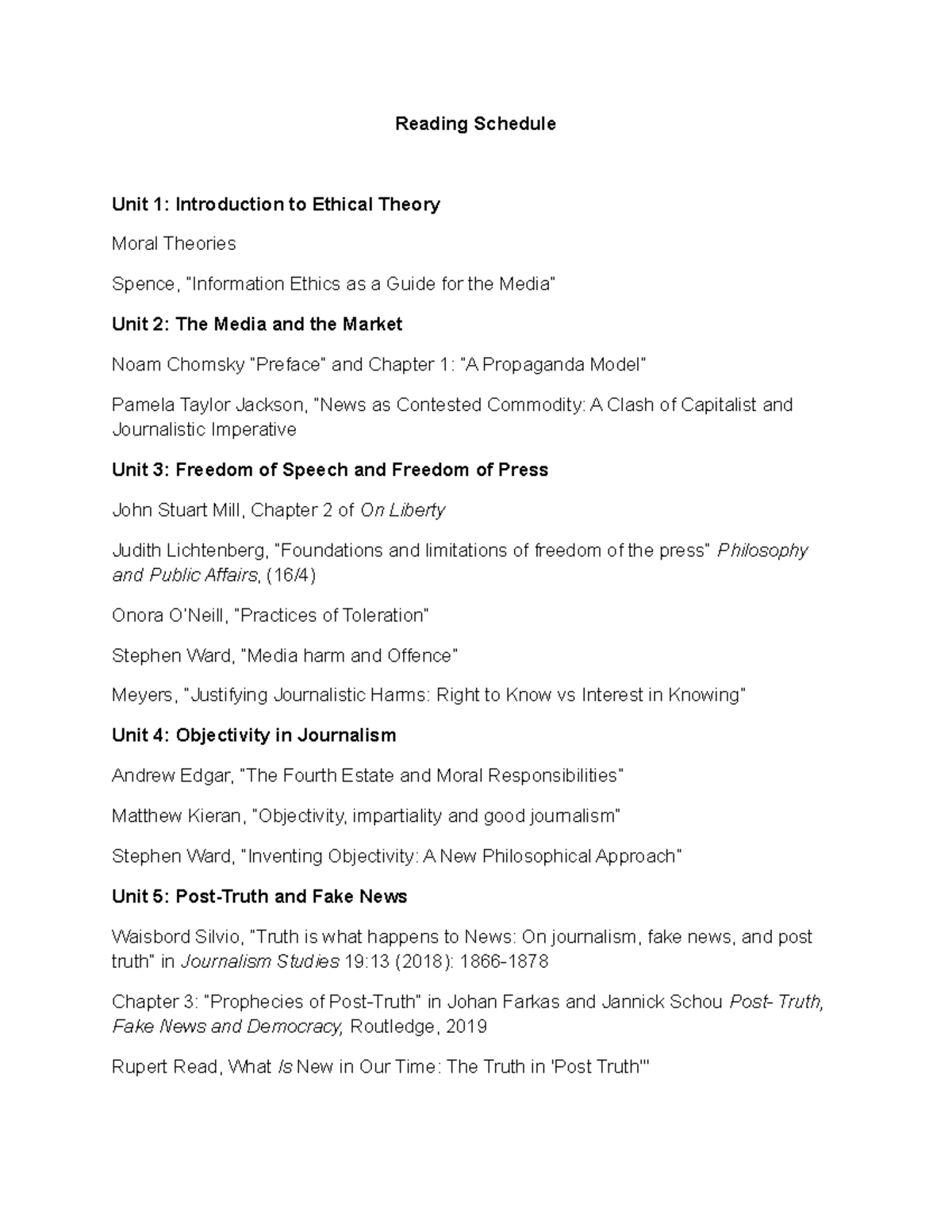 Reading schedule media ethics 2023 - Reading Schedule Unit 1 ...