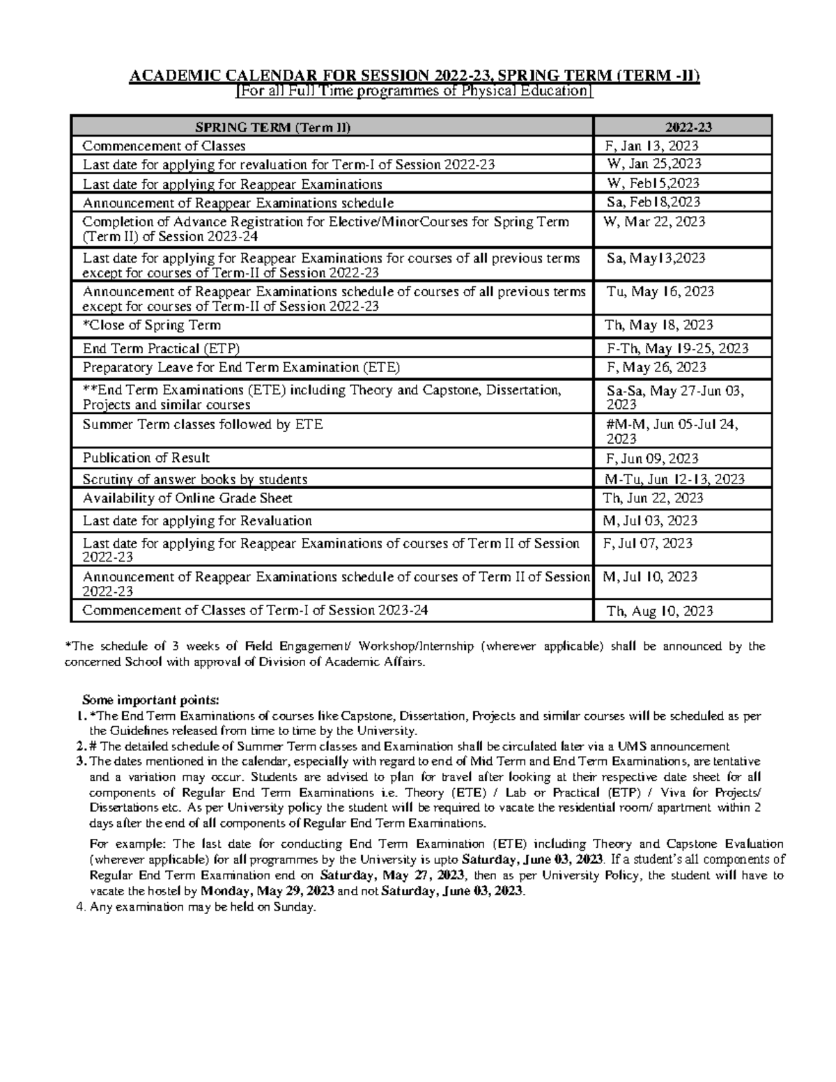 Academic Calendar for all Full Time Programmes of Physical Education - ACADEMIC CALENDAR FOR ...